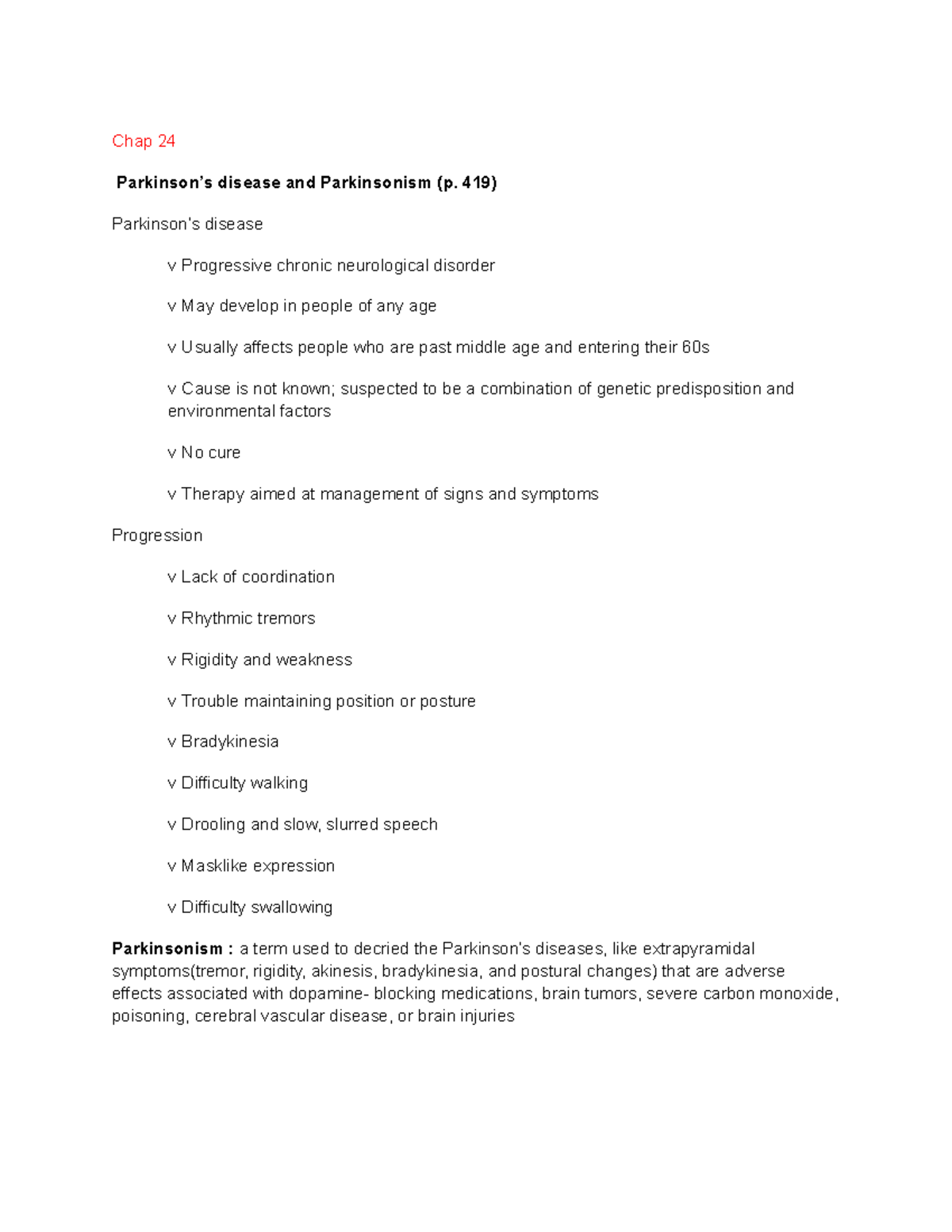 PN125 Exam 4 Study Guide - Chap 24 Parkinson’s disease and Parkinsonism ...