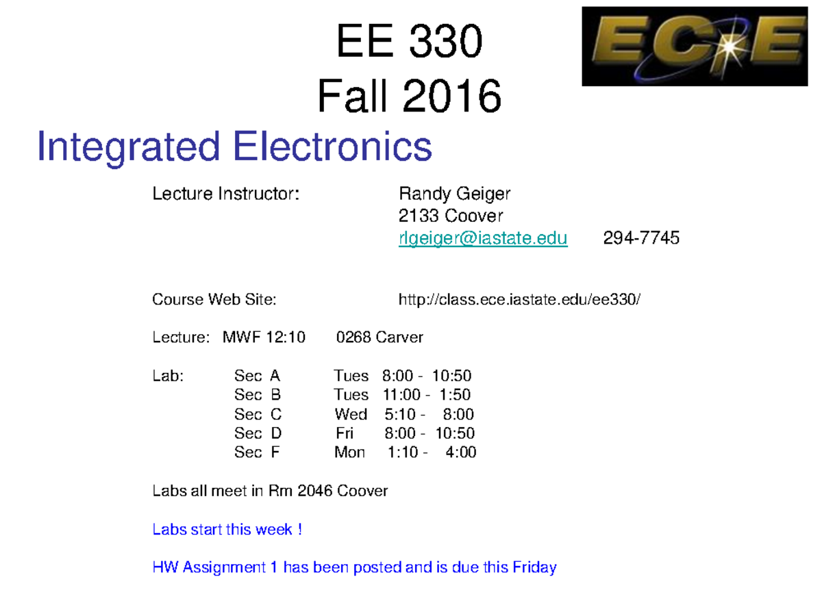 Lecture slides, lecture 1 - EE 330 Fall 2016 Lecture Instructor: Randy ...