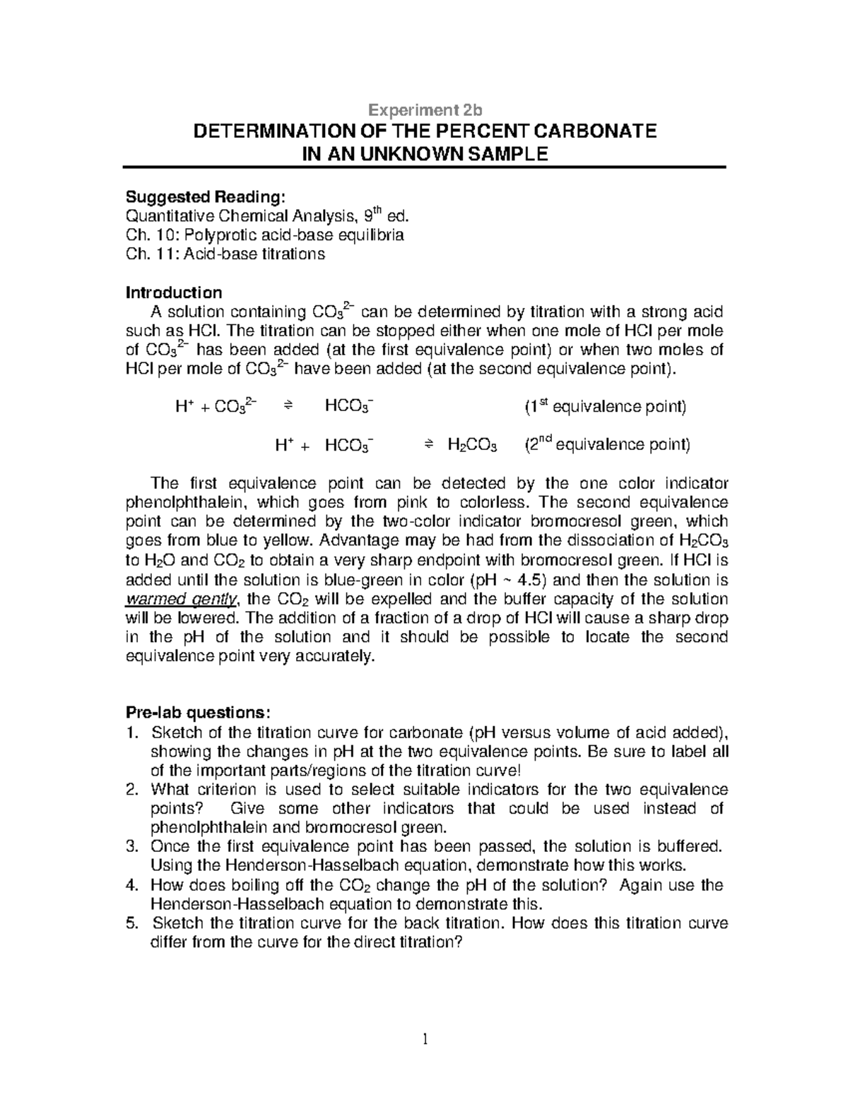 Procedure - 1 Experiment 2b DETERMINATION OF THE PERCENT CARBONATE IN ...