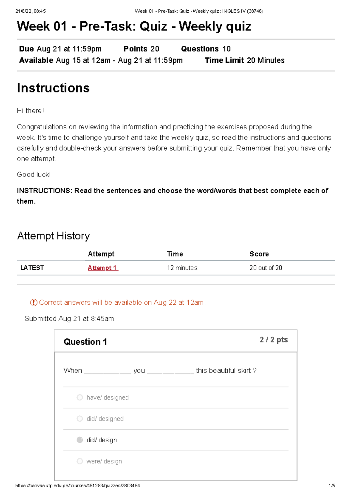 Week 01 - Pre-Task Quiz - Weekly quiz Ingles IV (38746) - Week 01 - Pre ...