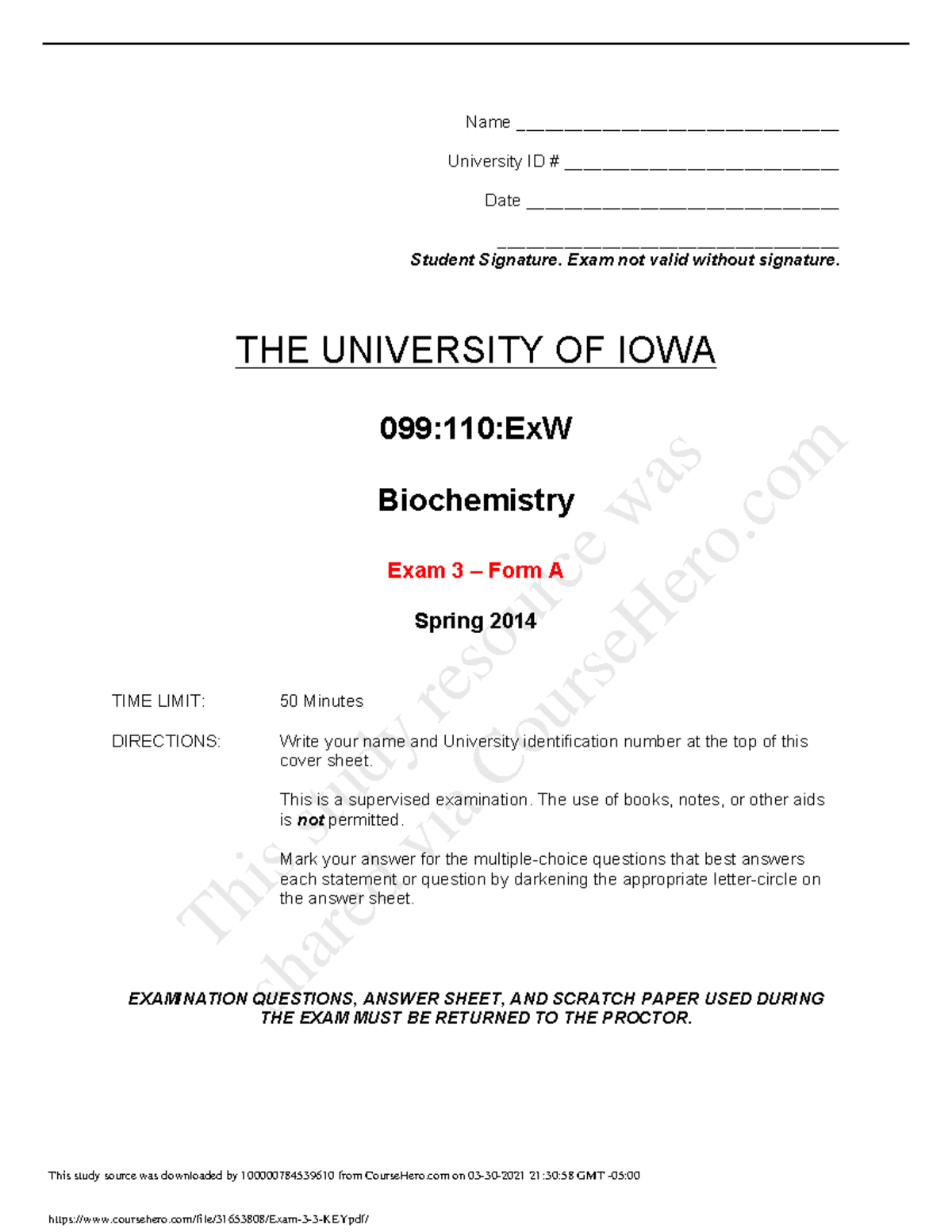 Biochemistry Spring 2014 Midterm Exam 3 - BIOC31100EXW - Studocu