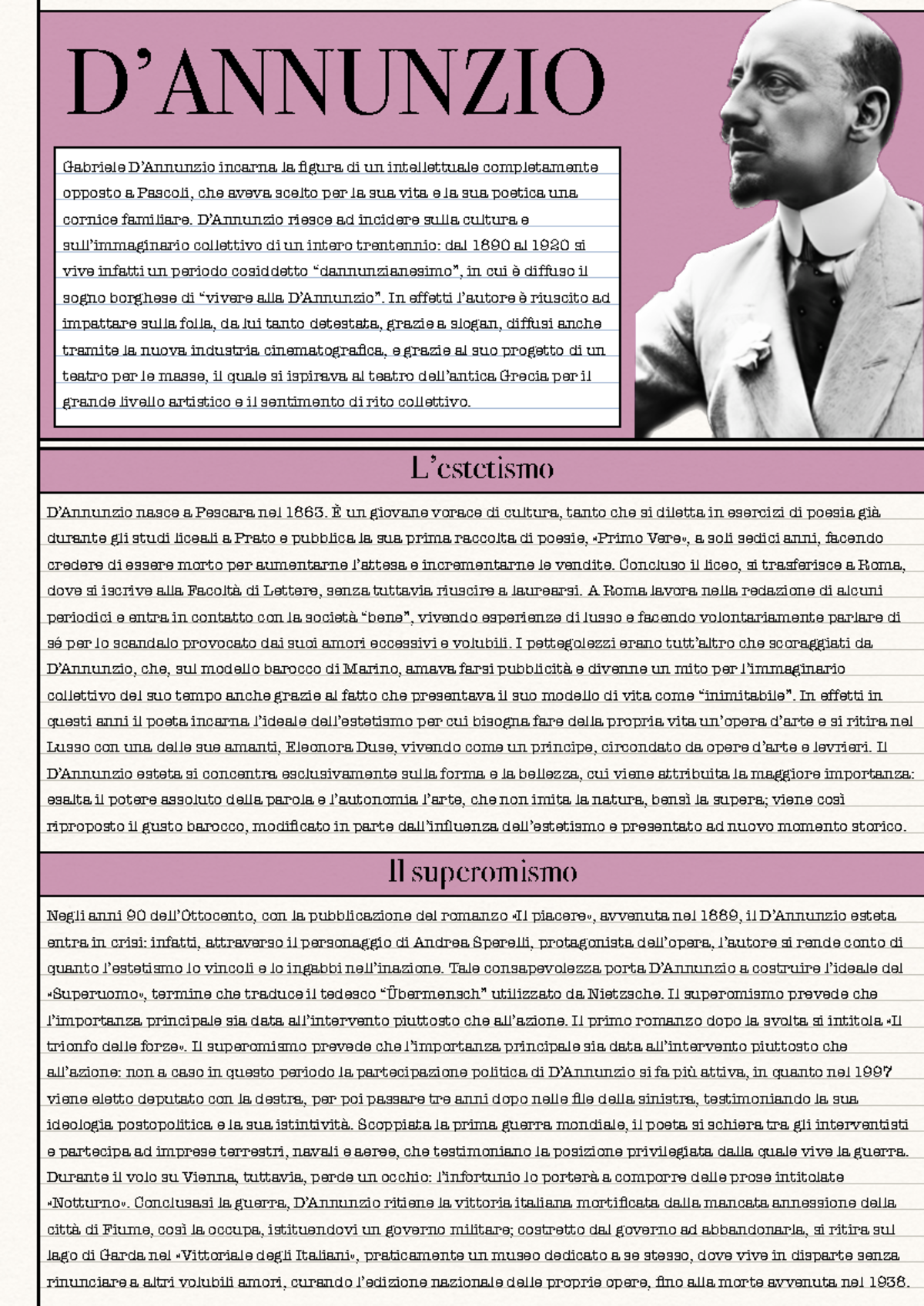D’Annunzio Gabriele - D’ANNUNZIO L’estetismo Il superomismo D’Annunzio nasce a Pescara nel 1863 ...