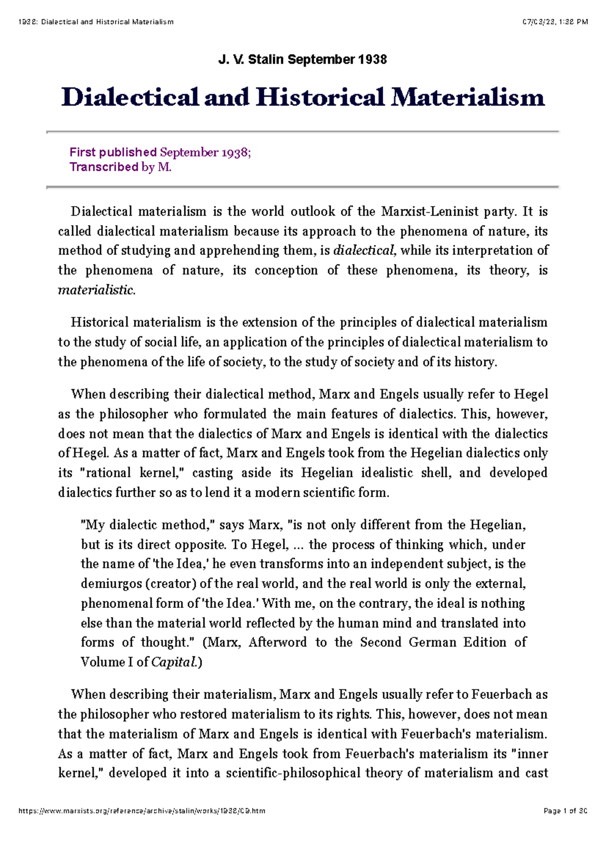 Dialectical and Historical Materialism - J. V. Stalin September 1938 Dialectical and Historical ...
