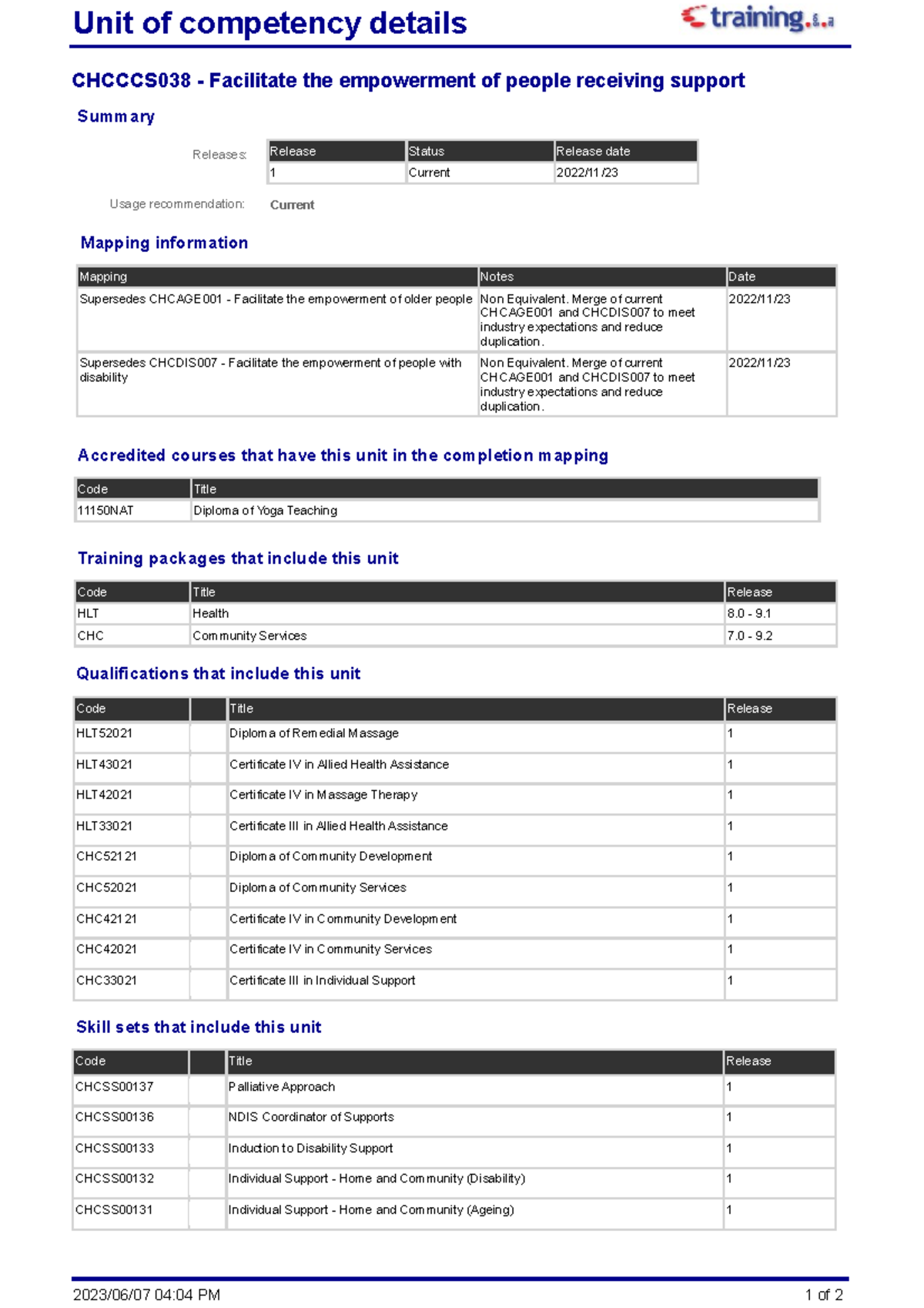 Chcccs 038 1 summary - Cert III in Individual Support Aging - Unit of ...