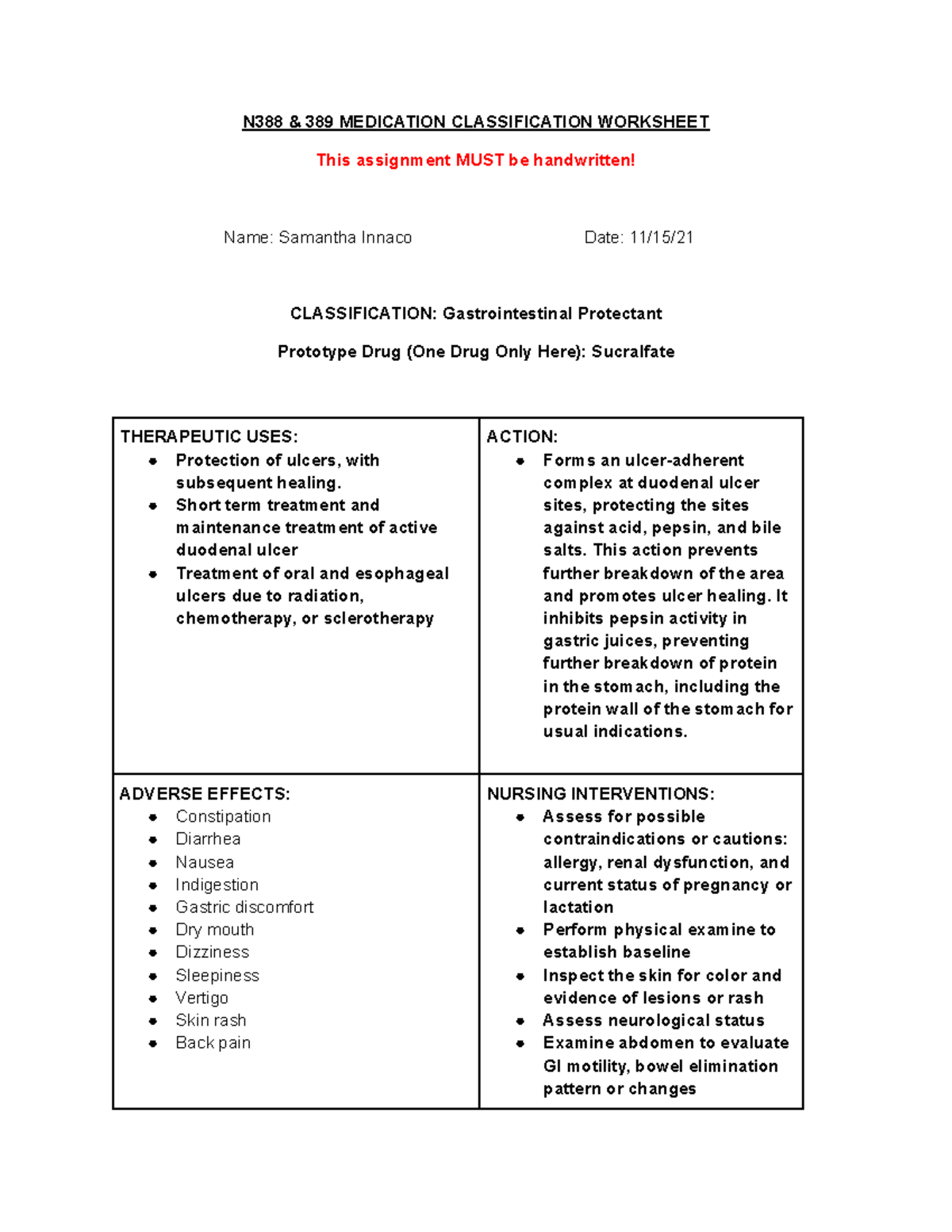 GI drug class worksheet - N388 & 389 MEDICATION CLASSIFICATION ...