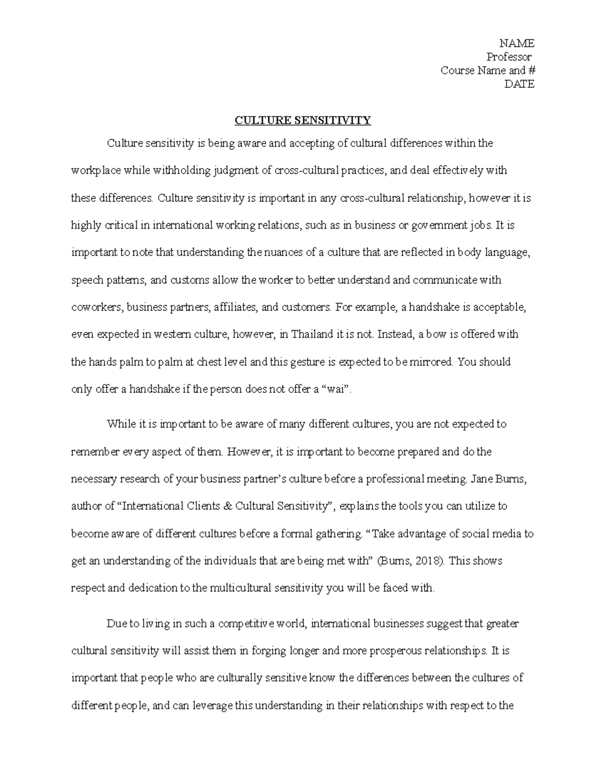 Cultural.sensitivity - Professor Course Name and # DATE CULTURE ...