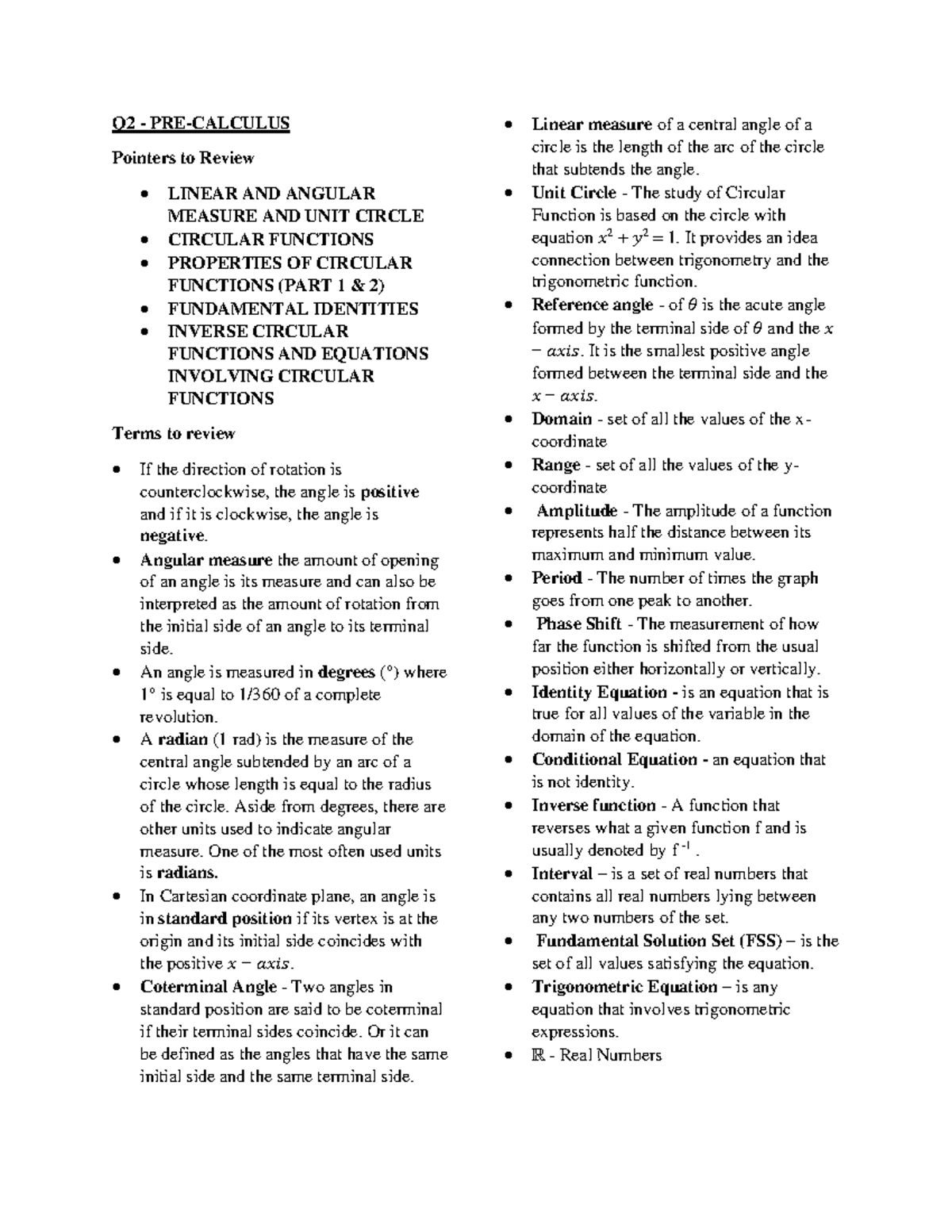 PC Pointers and Terms to Review Q2 - Q2 - PRE-CALCULUS Pointers to ...