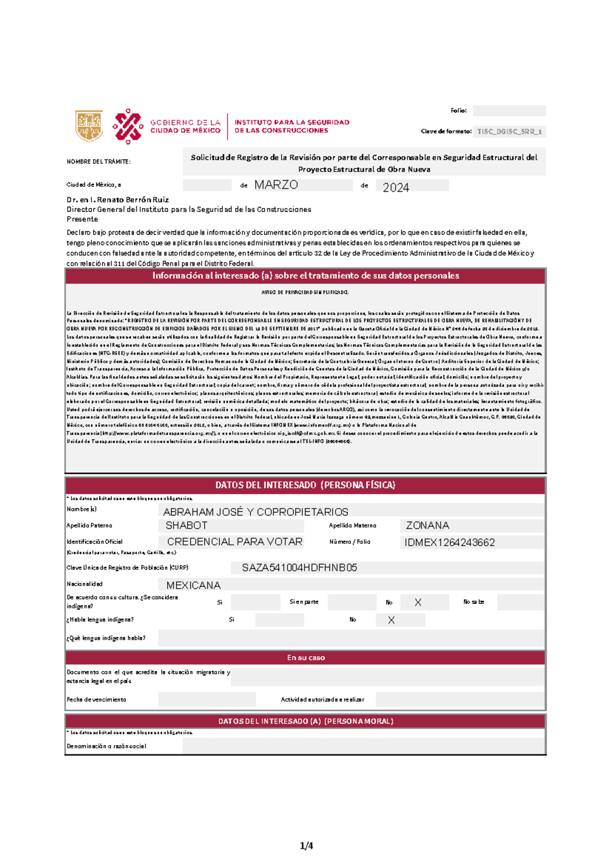 (ON) TISC Dgisc SRR 1 Formato Lleno - Folio: de de Si No Fecha de ...