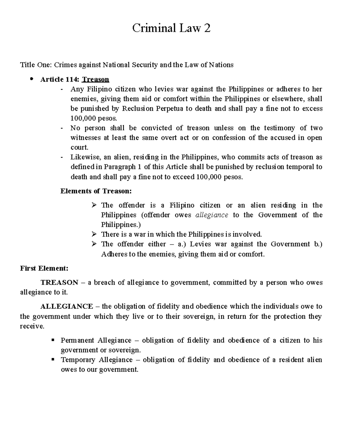 Criminal Law 2 - just notes - Criminal Law 2 Title One: Crimes against ...