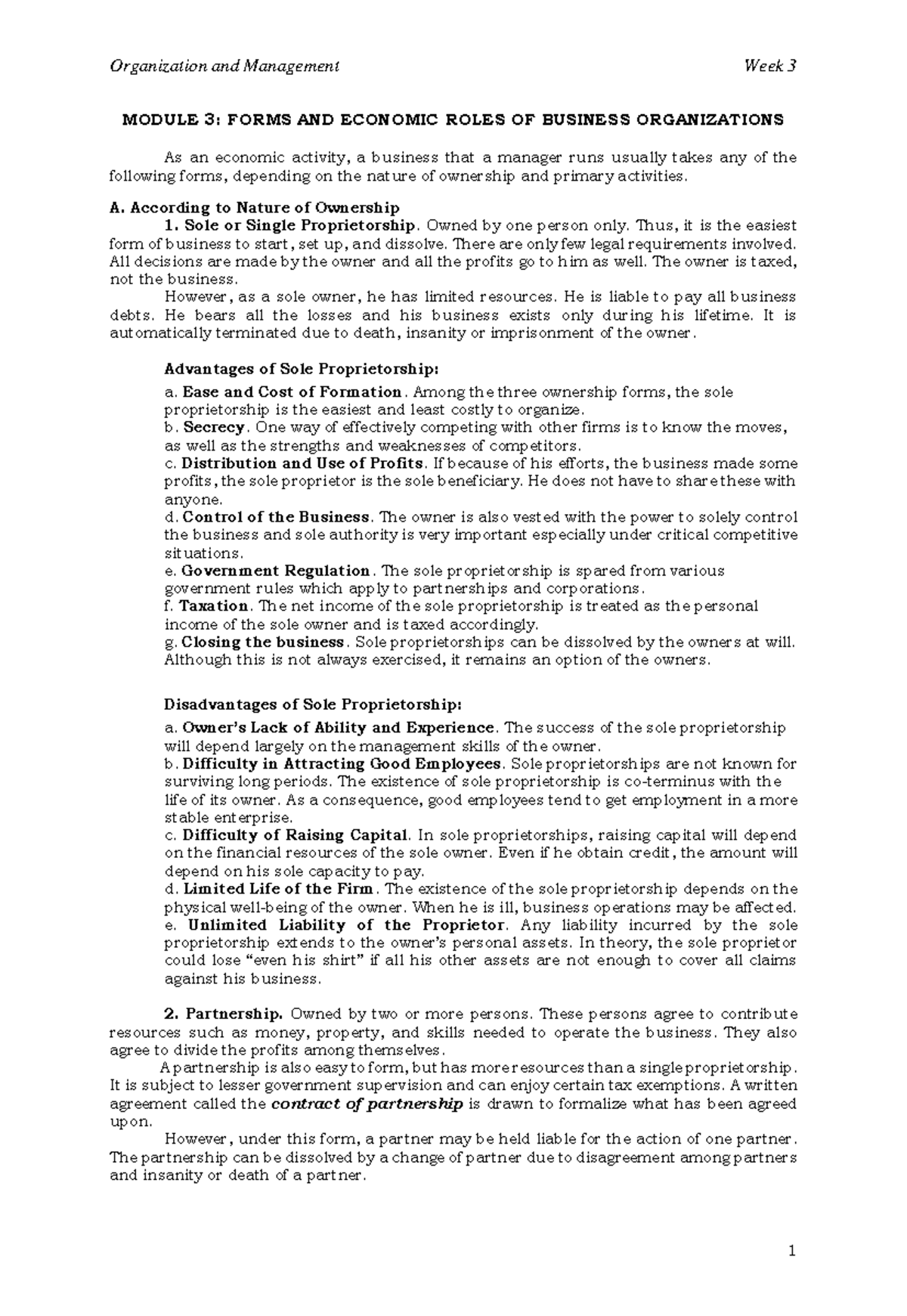 Module 3 - Forms and Economic Roles of Business Organizations - MODULE ...