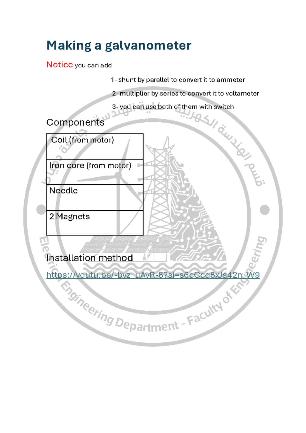 Galvano - Technical Repor writing - Making a galvanometer Notice you can add 1 - shunt by ...