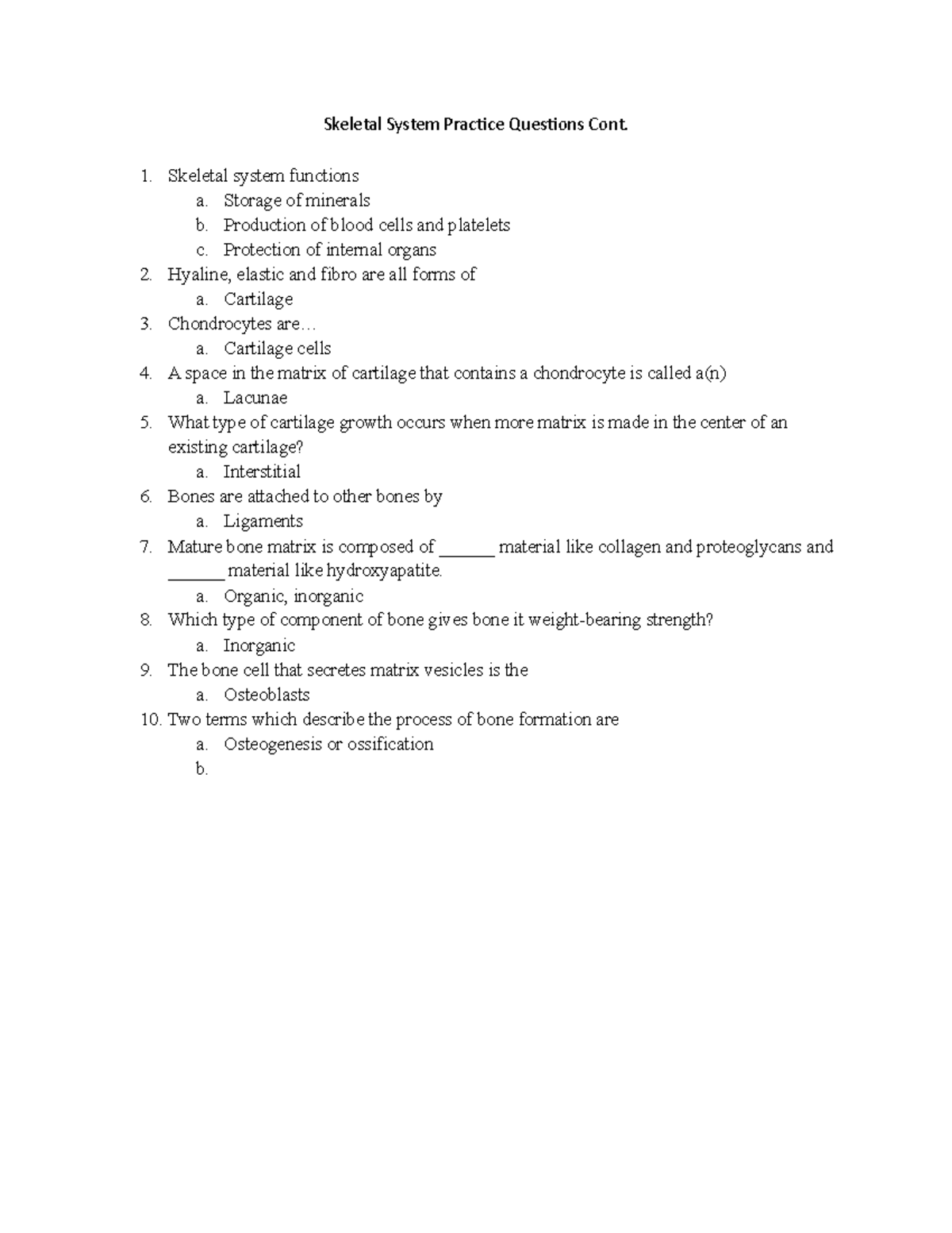 Skeletal System Practice Questions Cont - Skeletal system functions a ...