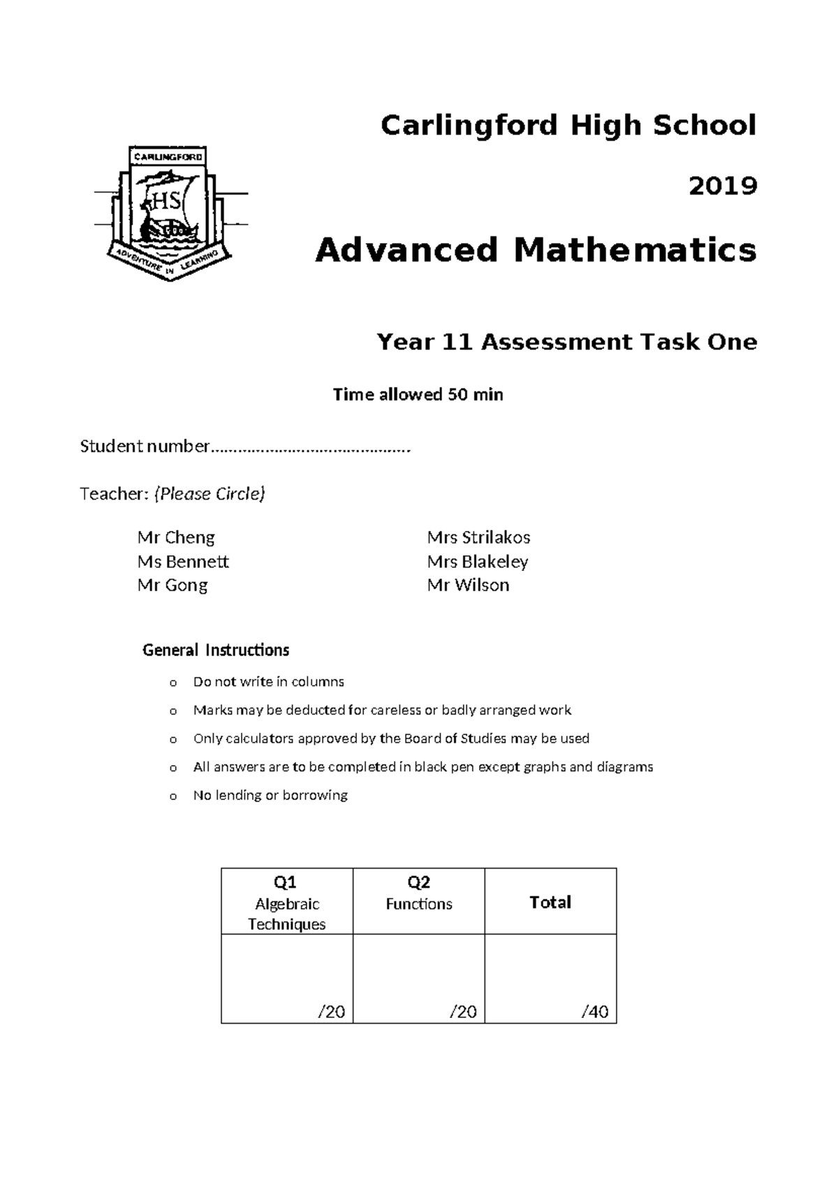 2019 Y11Taskone 2unitexam - Carlingford High School 2019 Advanced ...