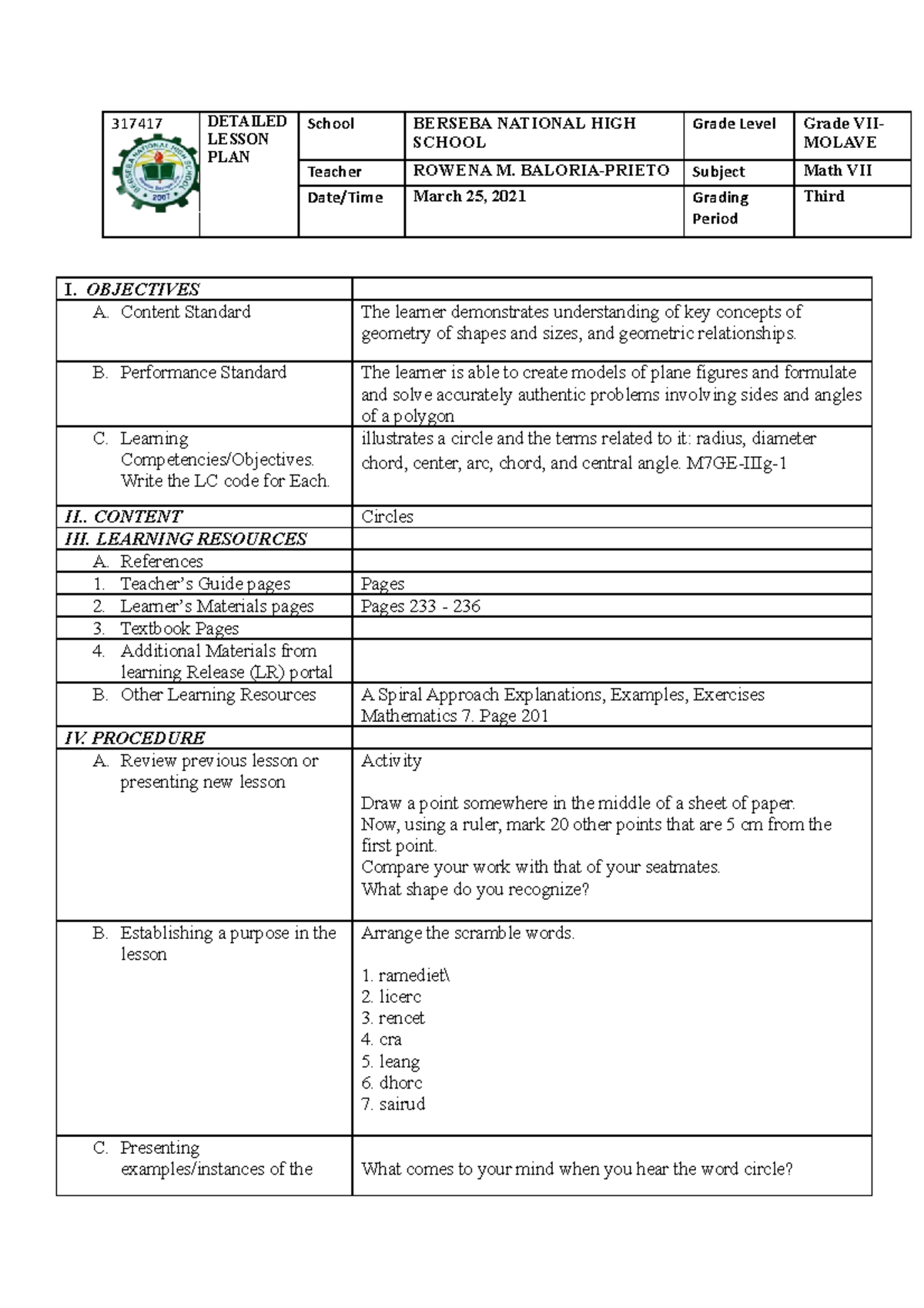 Dlp math 7 - Good paper - 317417 DETAILED LESSON PLAN School BERSEBA ...