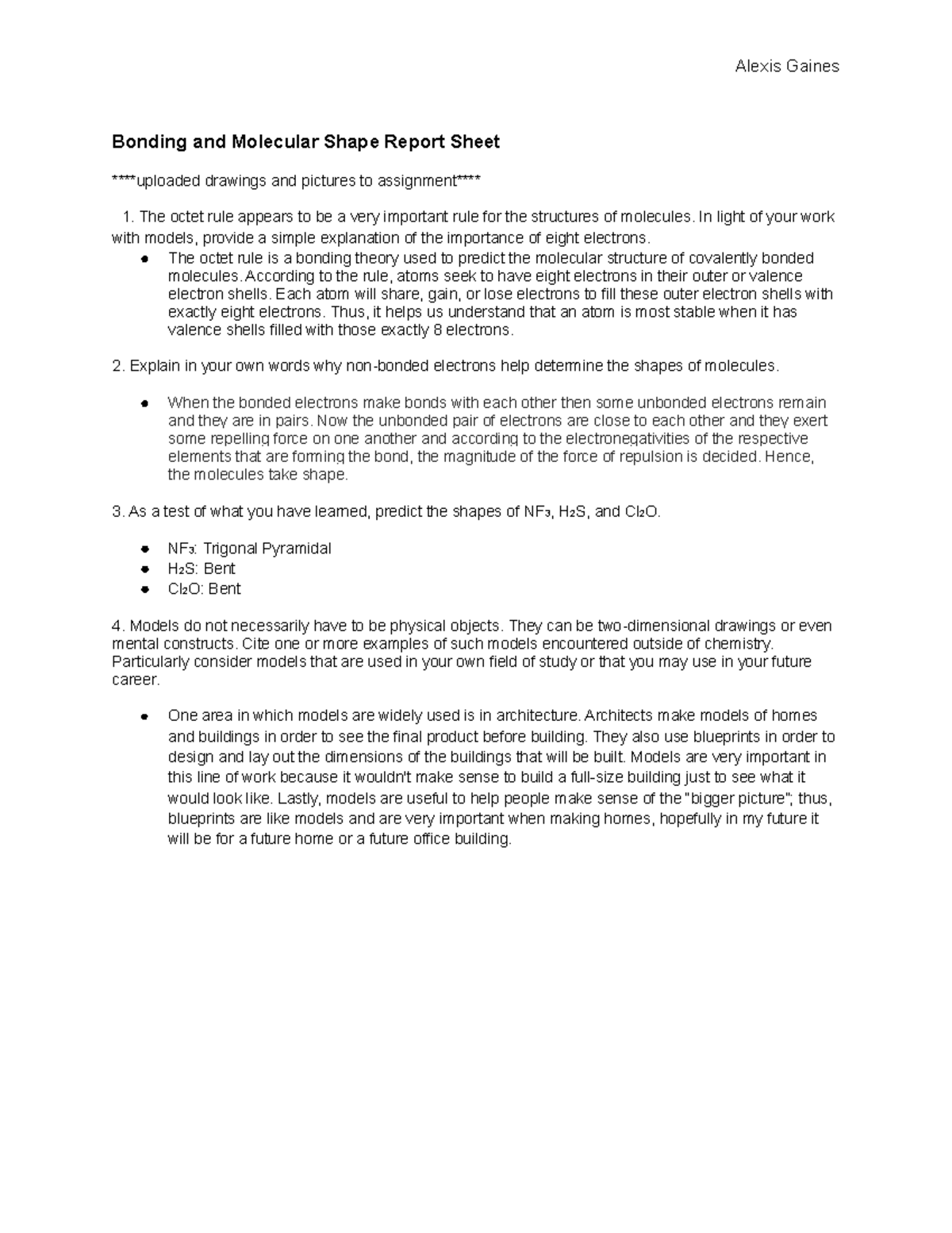 Bonding and Molecular Shape Report Sheet - Alexis Gaines Bonding and ...