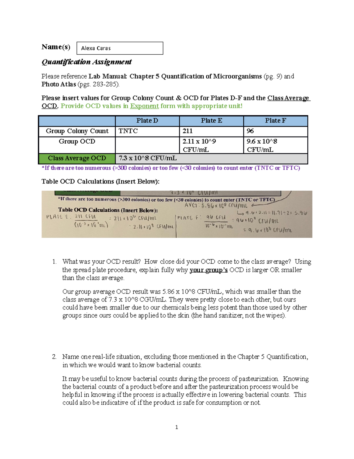 BIO 245 L Quantification & Dilutions II Assignment IP - Name(s) Quantification Assignment Please ...