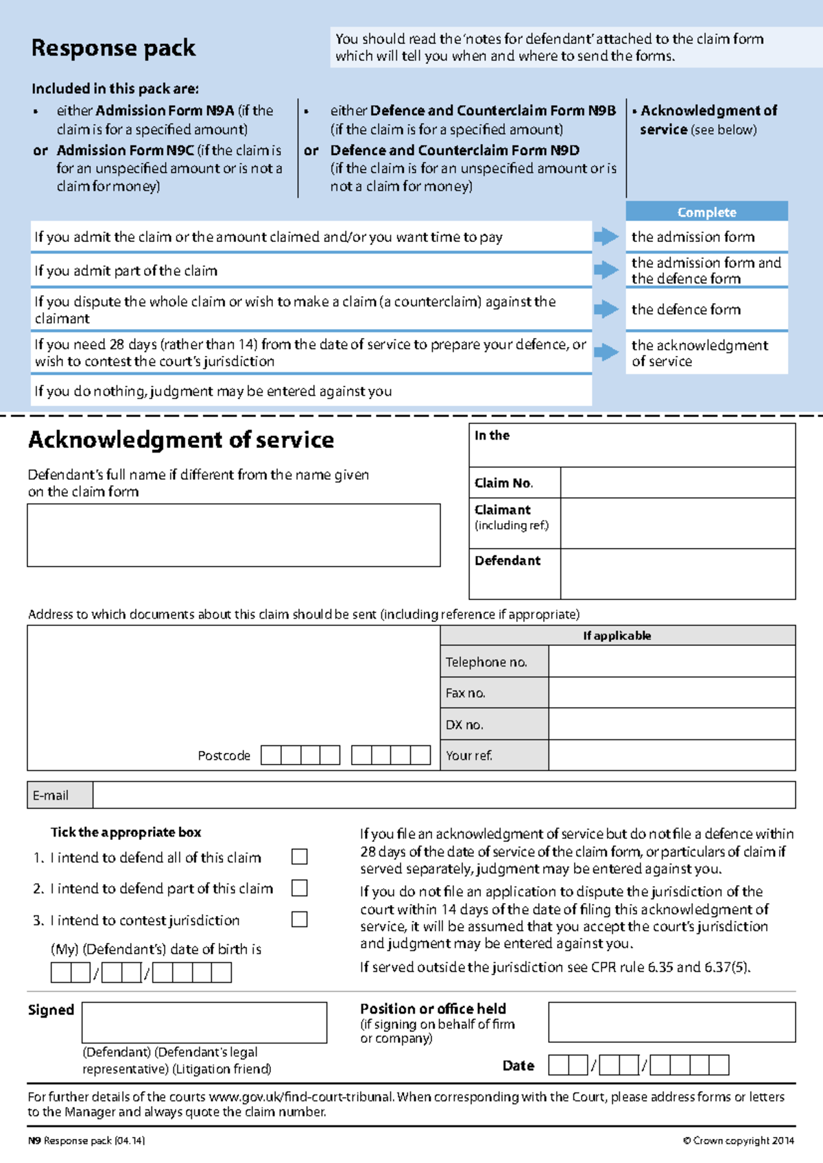 [w3] N9 (Claim Form) - N9 Response pack (04) © Crown copyright 2014 ...