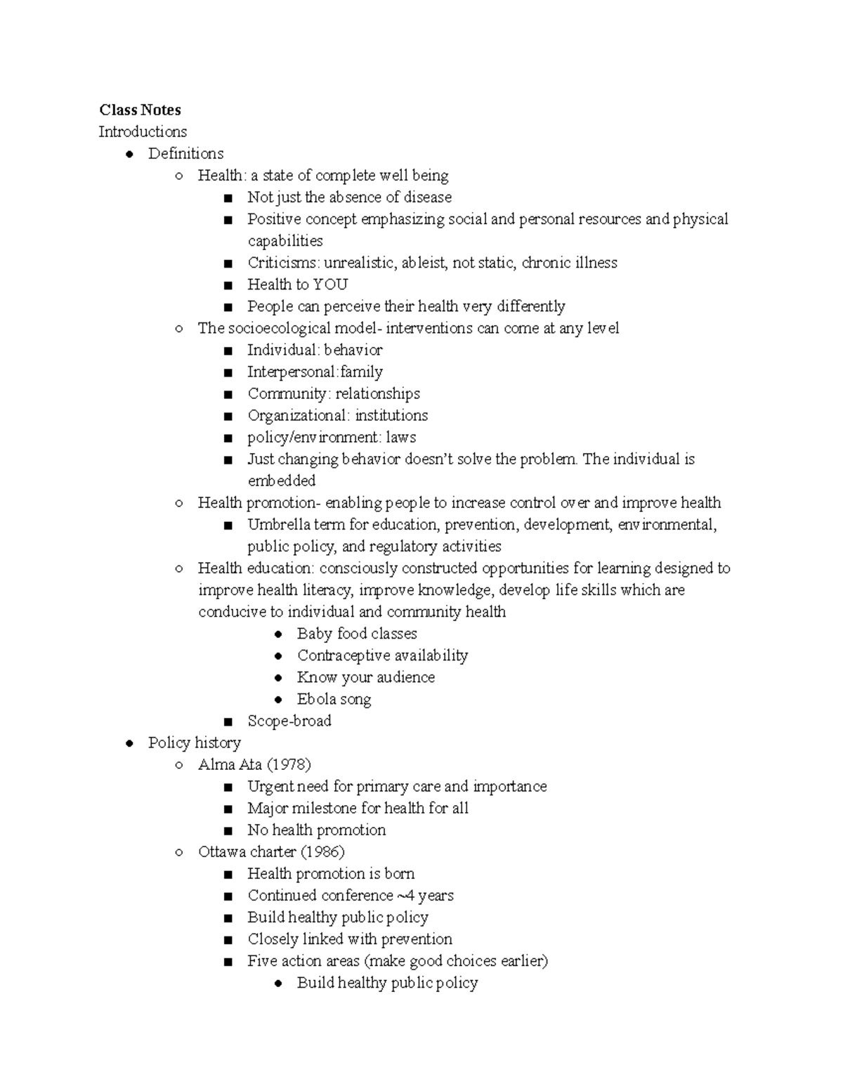 Health Promo Study Guide - Class Notes Introductions Definitions Health ...