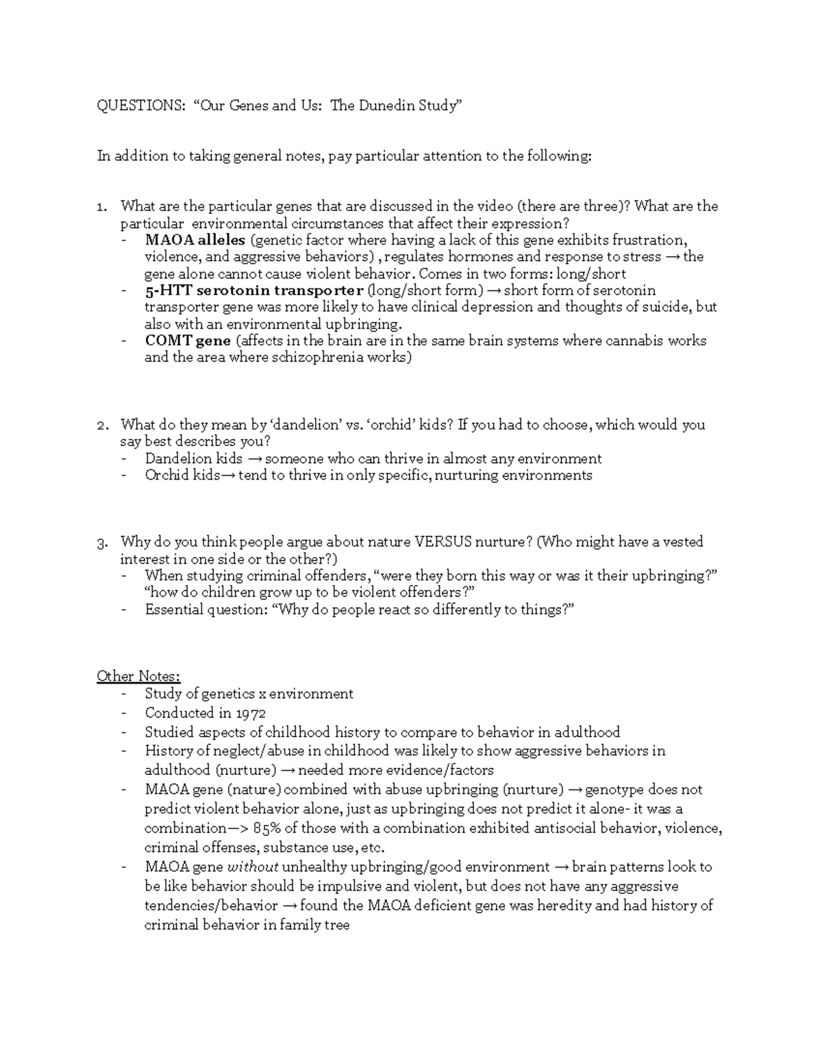 Dunedin Study Video Notes Questions - QUESTIONS: “Our Genes and Us: The ...