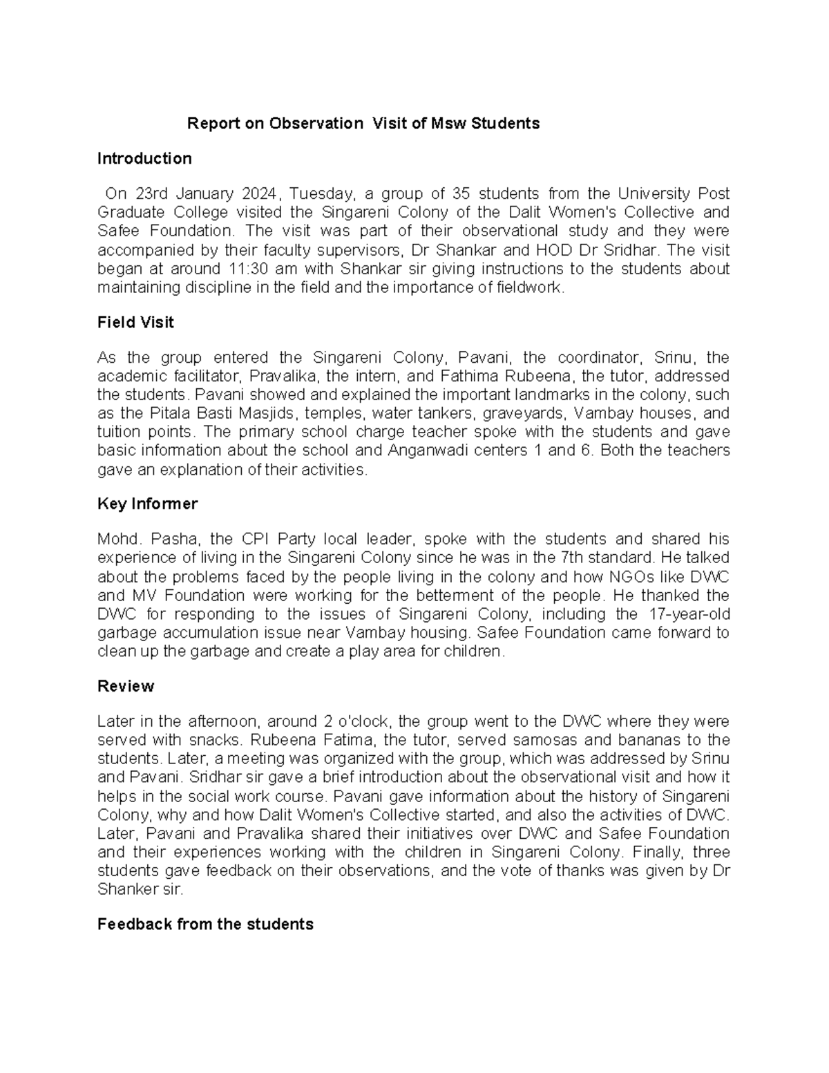 Report on Observation Visit of Msw Students - Report on Observation ...