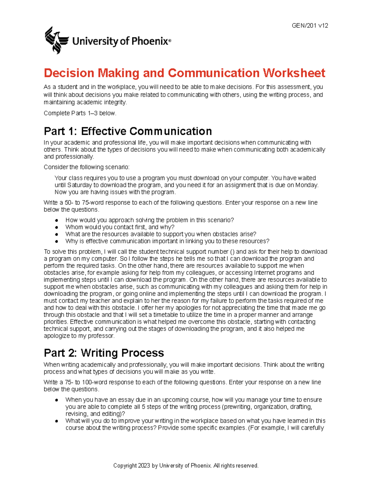Gen201 v12 wk3 decision making and communication worksheet - GEN/201 v ...