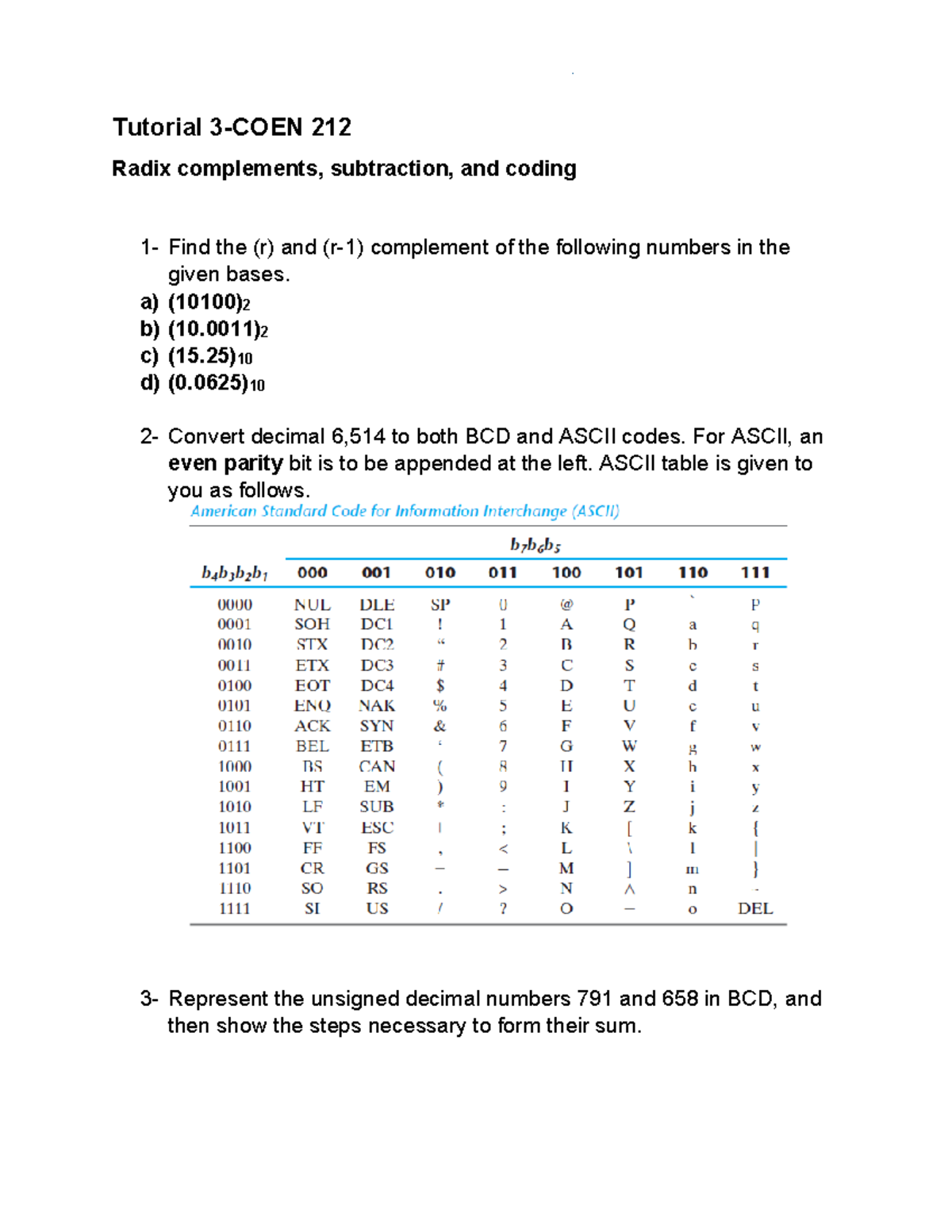 Tutorial 3 - Tutorial 3-COEN 212 Radix complements, subtraction, and ...