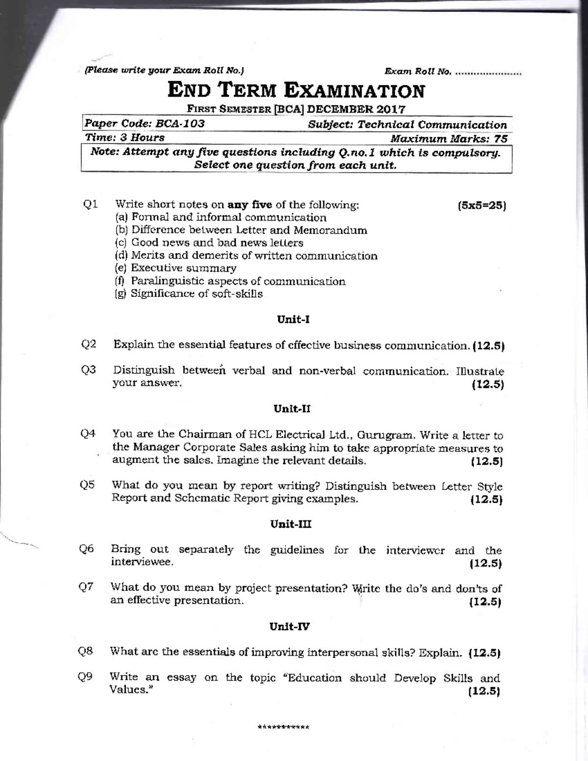 BC PYQ 2018 - (Please write gour Exan Roll No.) F Roll No. Ewp Tpnu ...