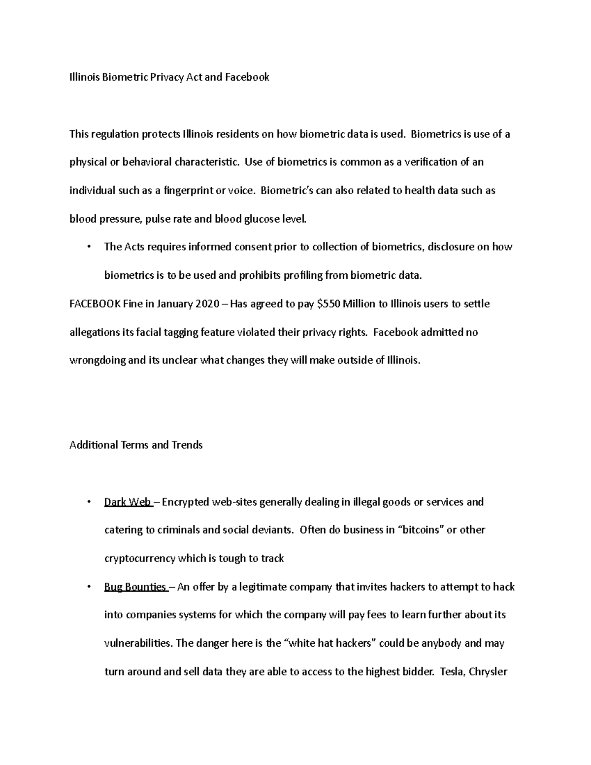 Illinois Biometric Privacy Act and Facebook - Biometrics is use of a ...