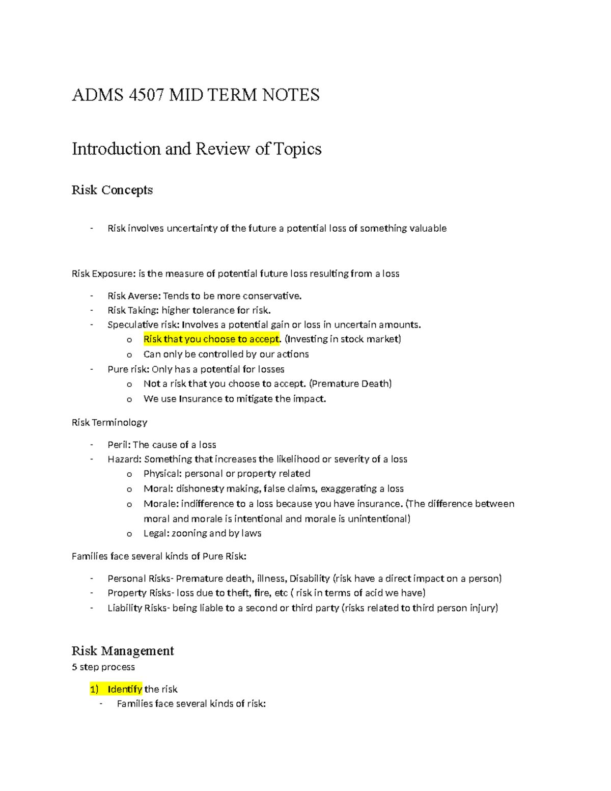 Midterm Notes - ADMS 4507 MID TERM NOTES Introduction and Review of ...