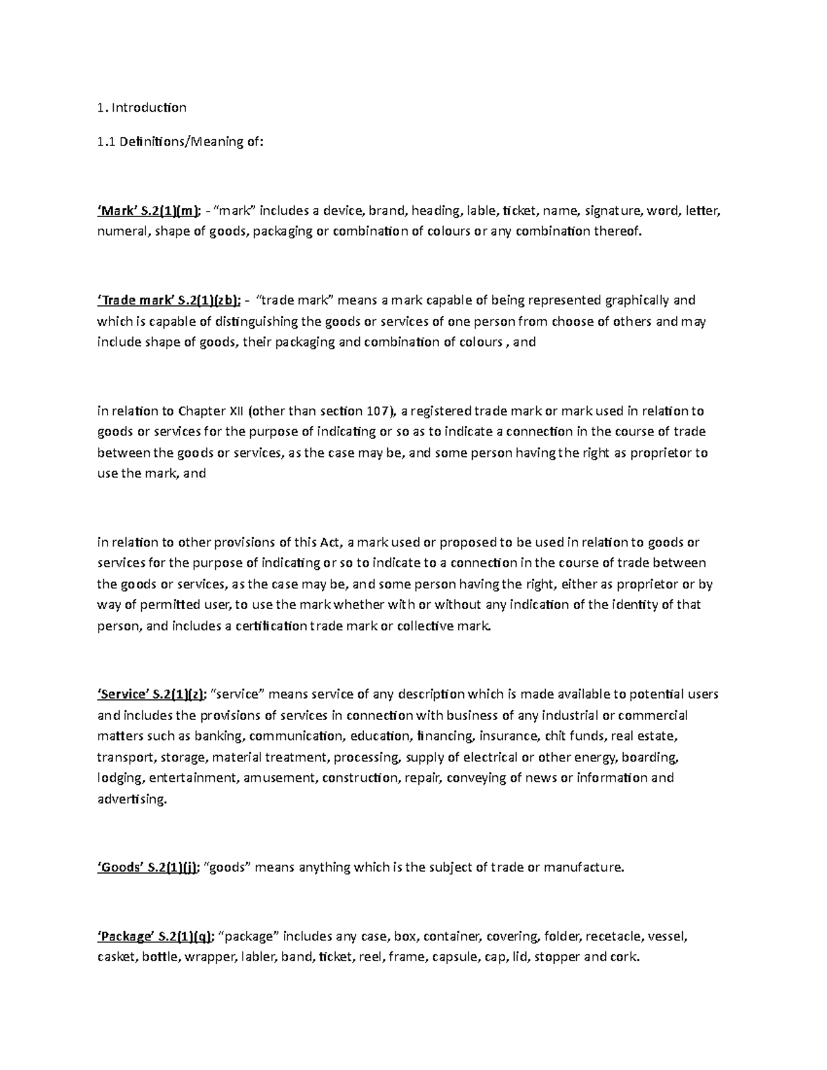 IPR - IPR notes on trademark - Introduction 1 Definitions/Meaning of ...
