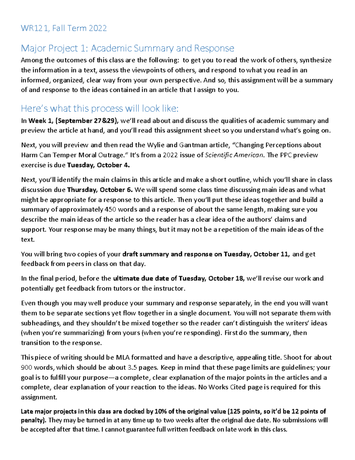 Assignment Sheet Project 1 - Major Project 1: Academic Summary and ...