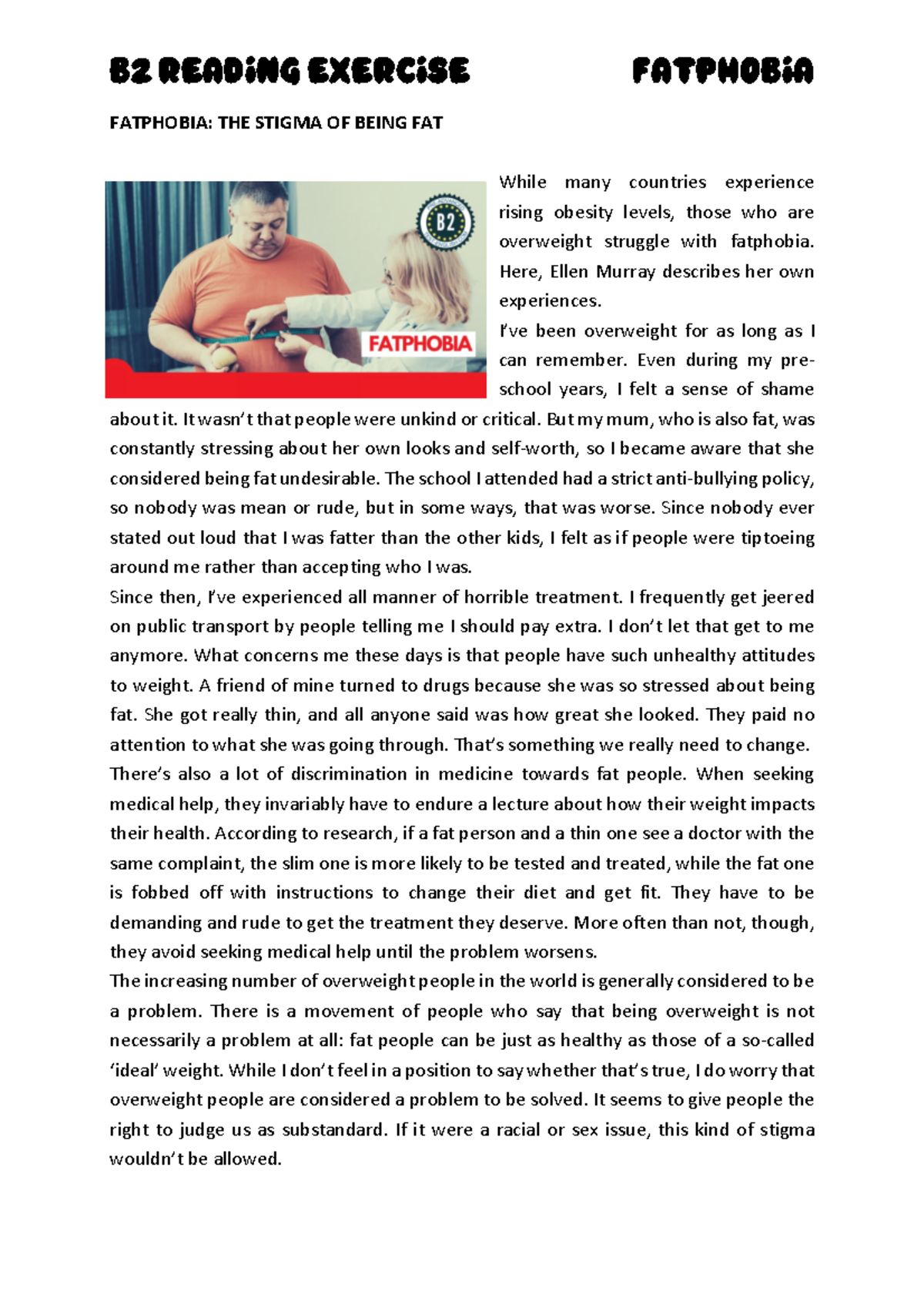 B2 reading exercise et - fatphobia - assignment + text + KEY ...