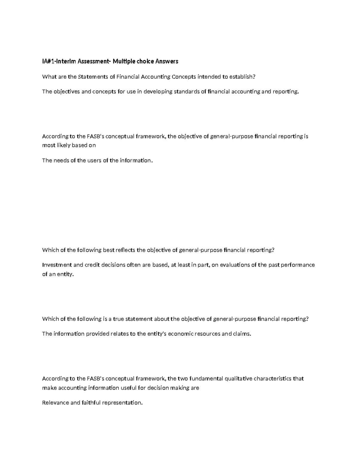 IA#1-Interim Assessment- Multiple choice Answers - According to the ...