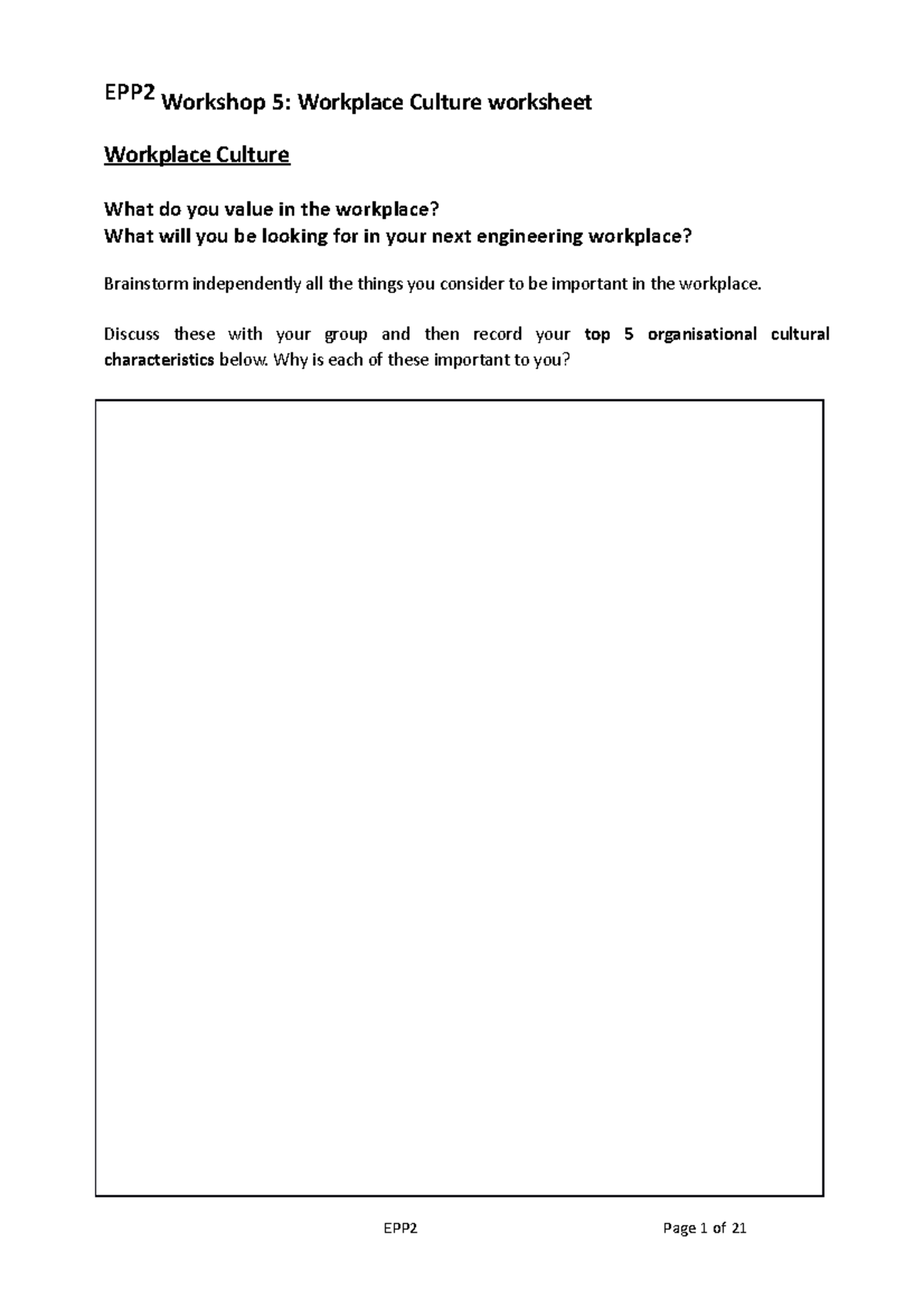EPP2 Workshop 5 Worksheet - EPP Workshop 5: Workplace Culture worksheet ...
