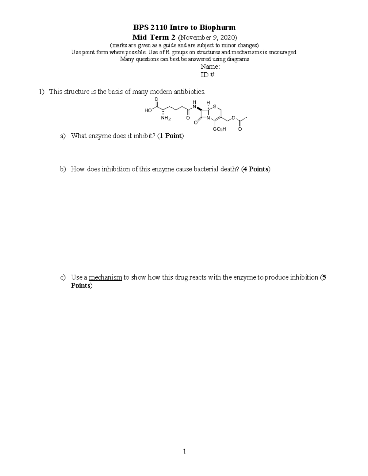BPS 2110 mid-term 2 2020 nov 8a - BPS 2110 Intro to Biopharm Mid Term 2 ( November 9, 2020 ...