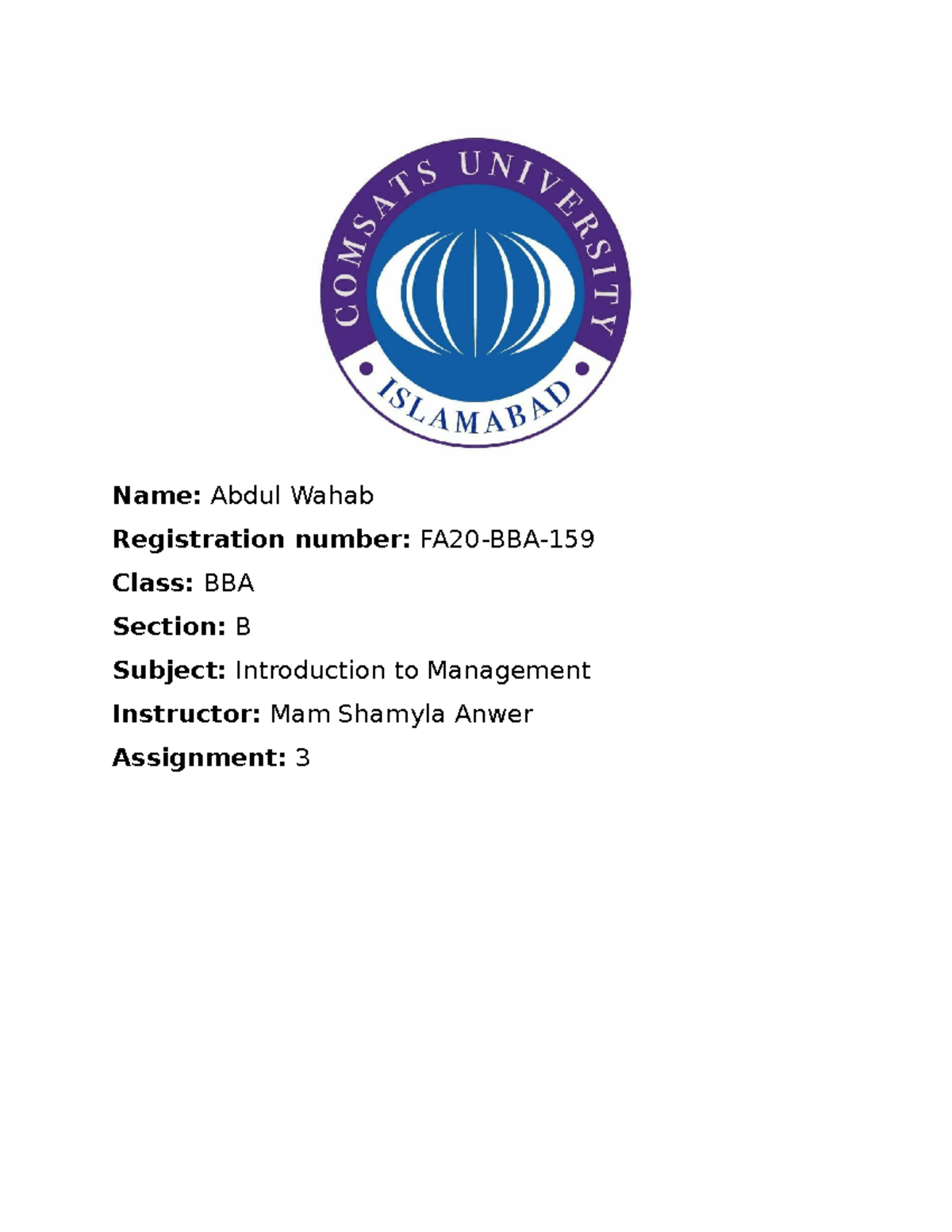 ITM Assignment 3 - sasdasd aasd - Name: Abdul Wahab Registration number ...