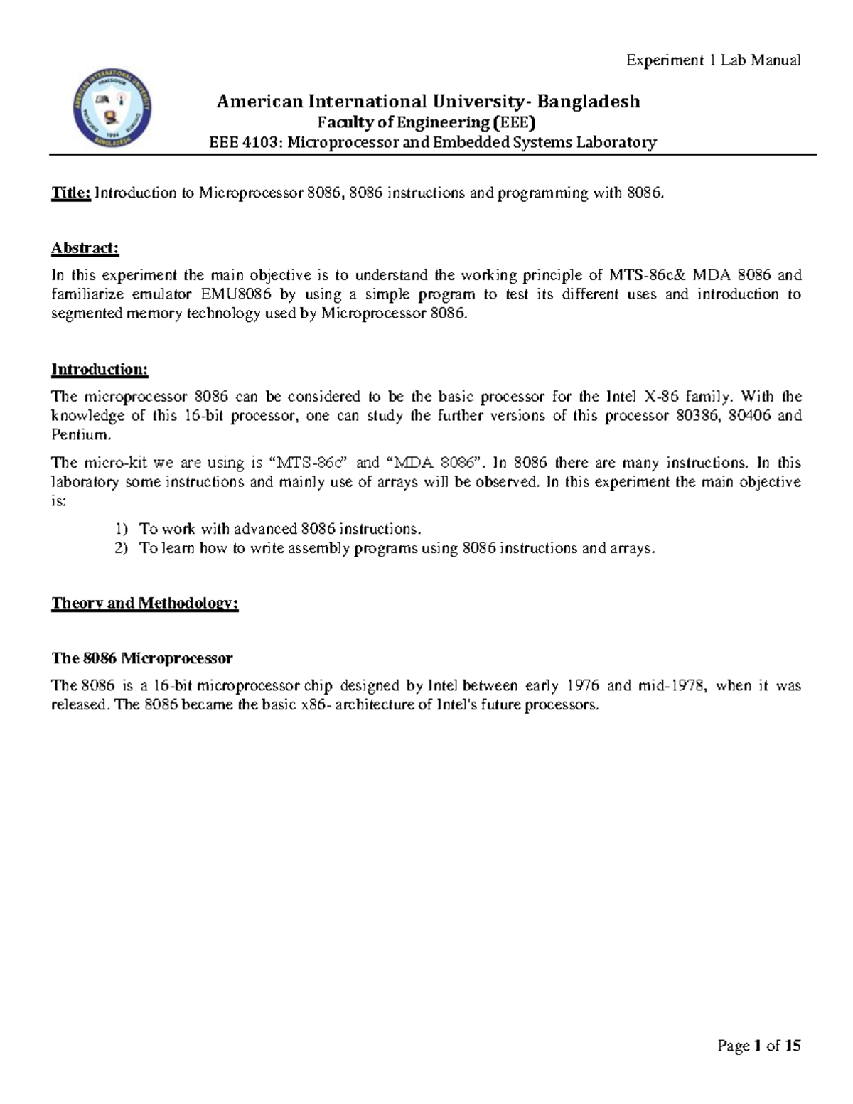 Microprocessor Experiment 1 Std Experiment 1 Lab Manual Page 1 Of 15 American International