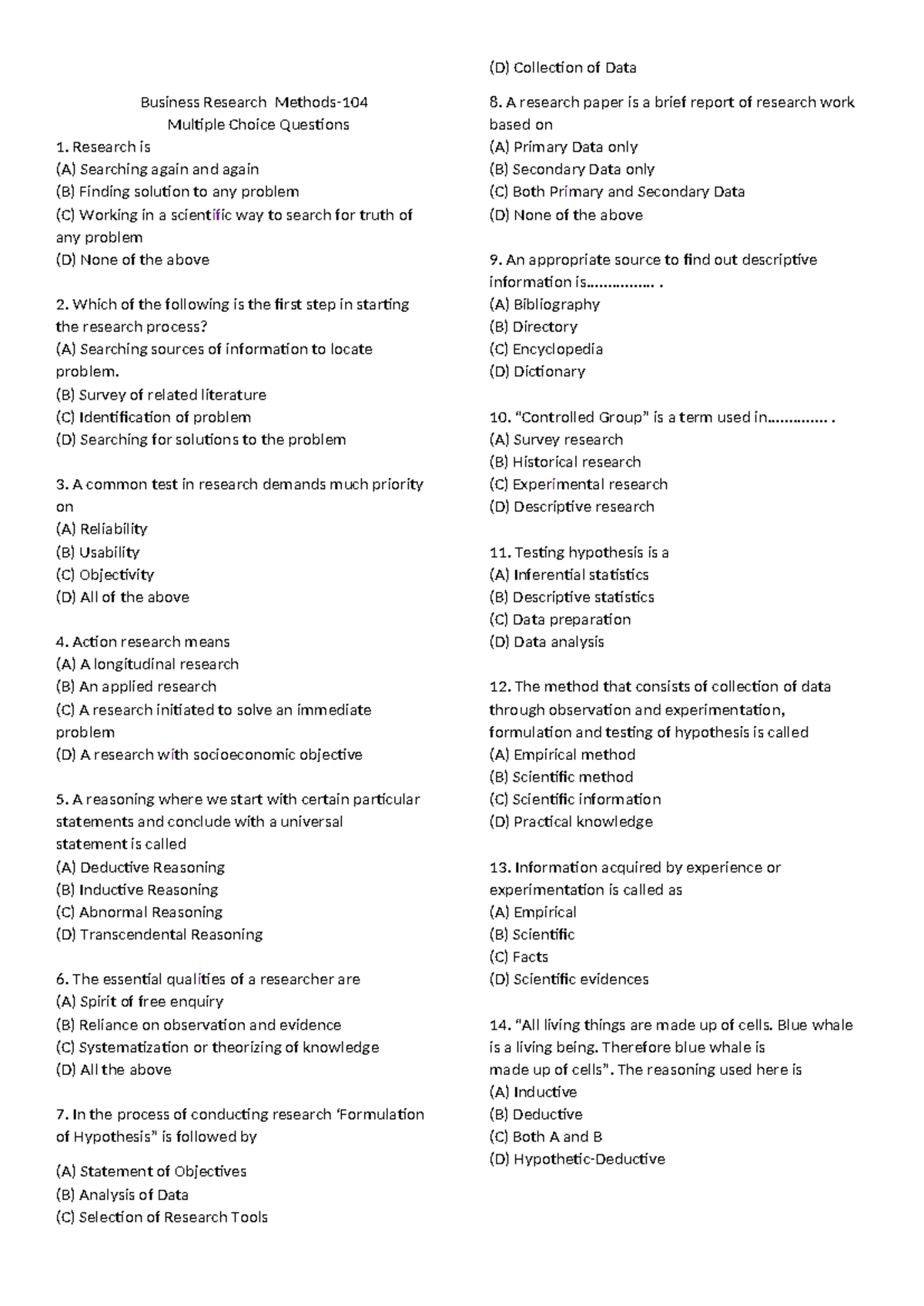 Researh methods 100 soru - Business Research Methods- Multiple Choice ...