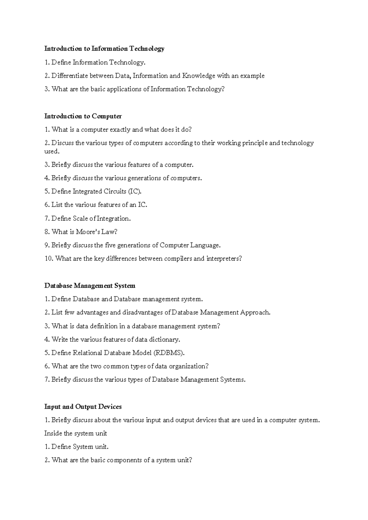 IIT Questions based on Learning Outcomes - Introduction to Information ...