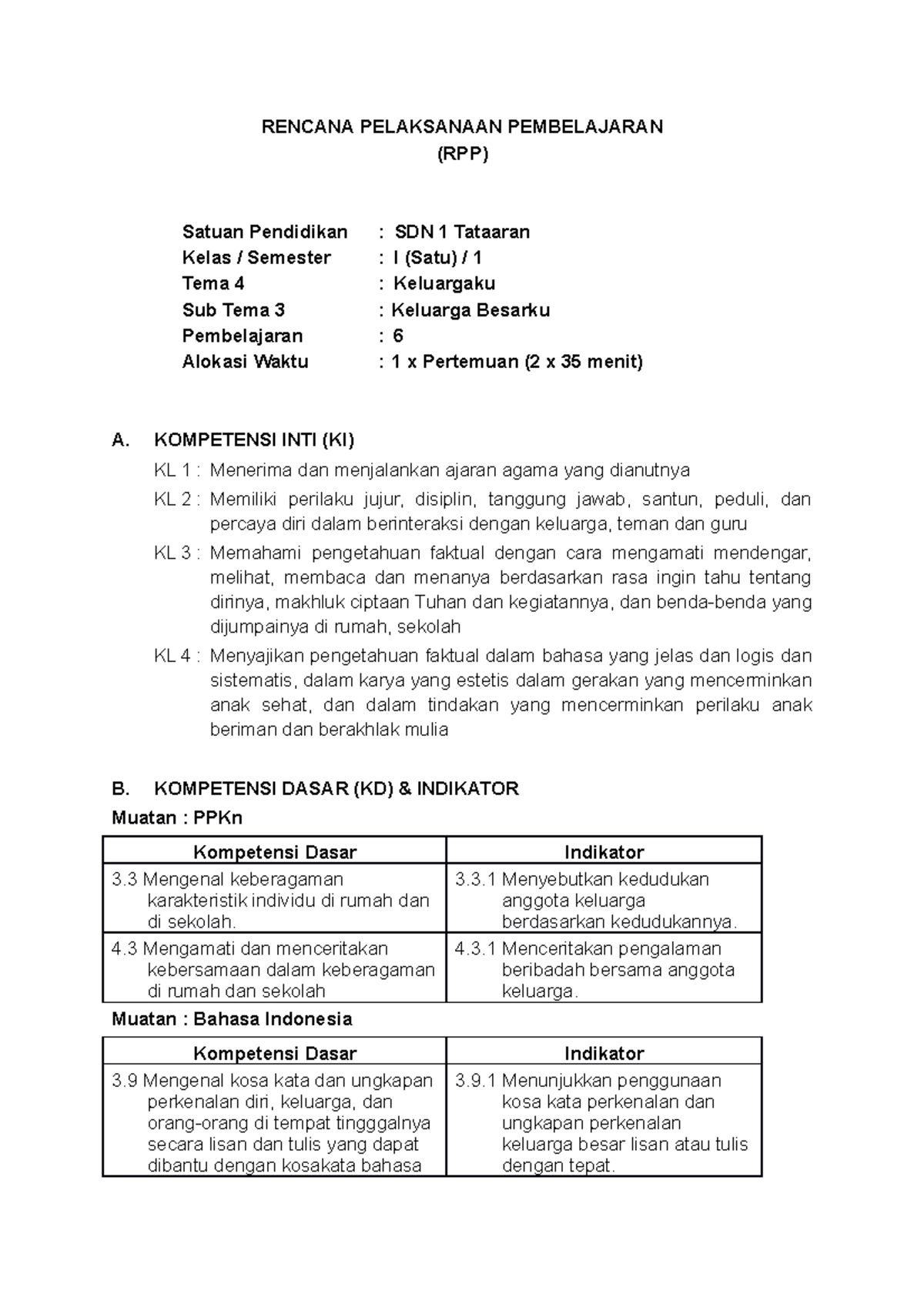 RPP Kelas 1 Tema 4 Subtema 3 Pemb. 6 regii - RENCANA PELAKSANAAN ...