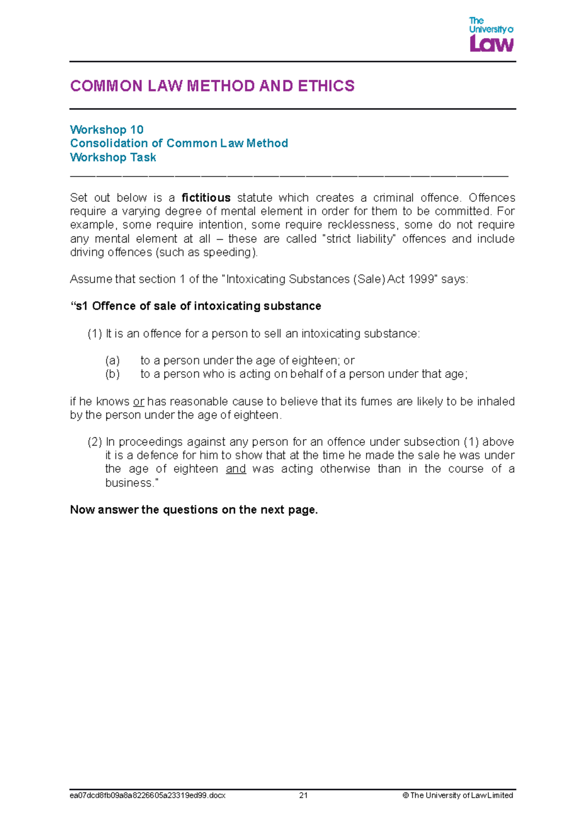 2122 clme ws10 ce01 workshop task - COMMON LAW METHOD AND ETHICS ...