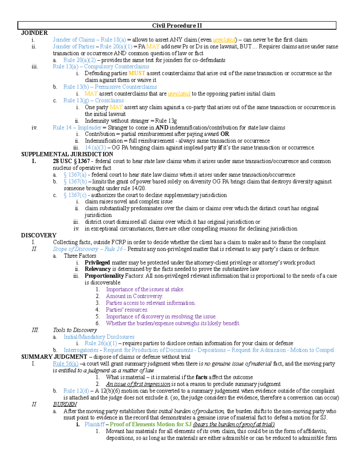Civil PRO II - Outline - Civil Procedure II JOINDER i. Joinder of ...