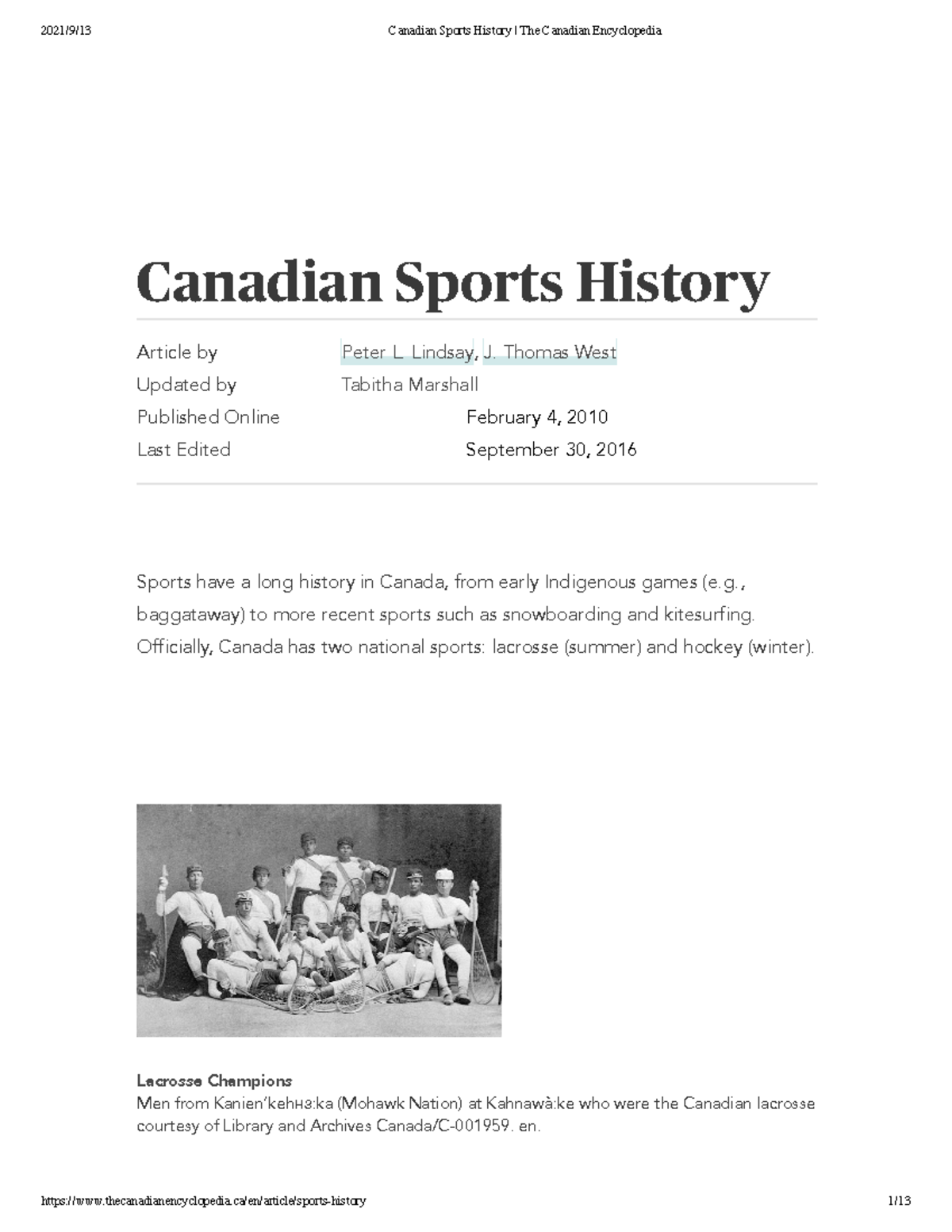 Canadian Sports History The Canadian Encyclopedia - Canadian Sports ...