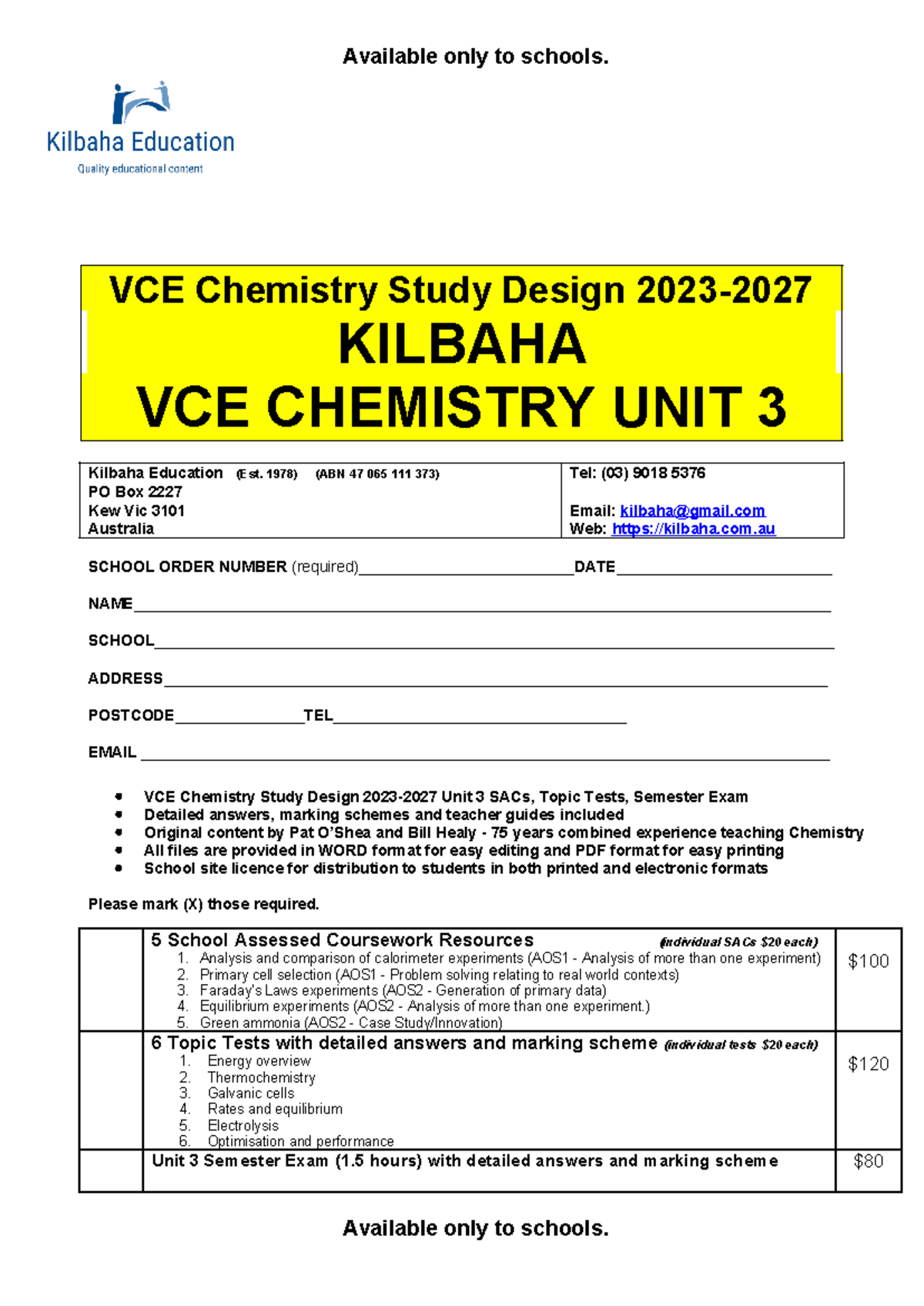 2024 U3 - iii5555555h - Available only to schools. VCE Chemistry Study ...