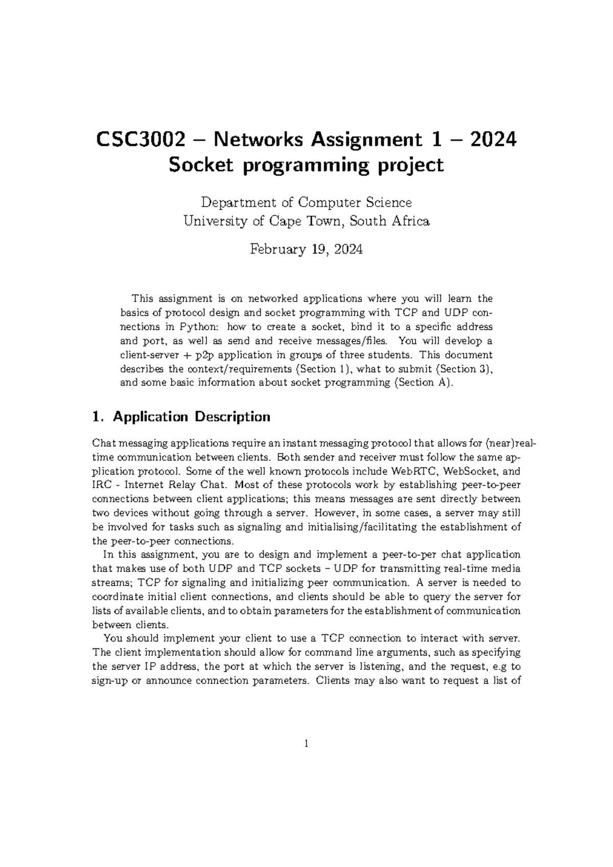 Network App 2024 - CSC3002 – Networks Assignment 1 – 2024 Socket programming project Department ...