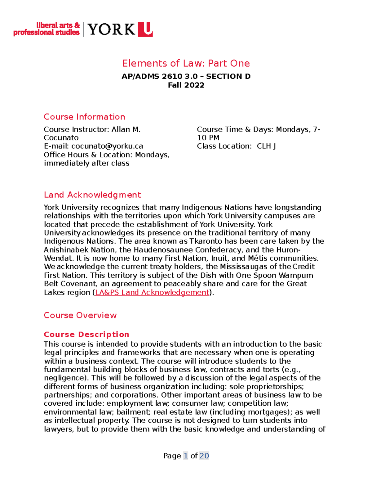 ADMS 2610 Course-Outline - Elements of Law: Part One AP/ADMS 2610 3 ...