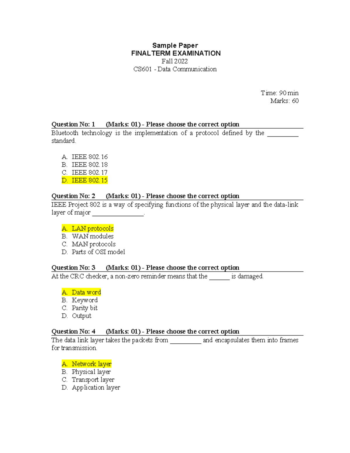 Cs 601 solved sample paper - Sample Paper FINALTERM EXAMINATION Fall ...