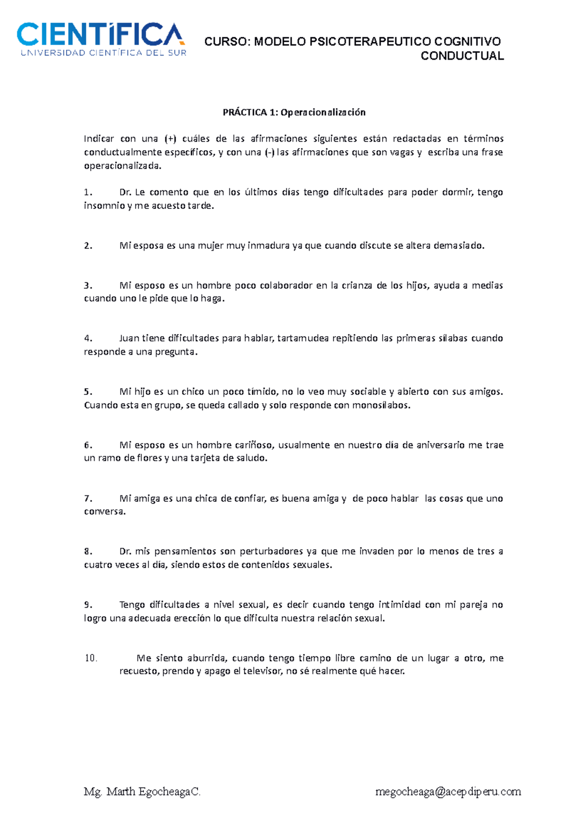 Practica 1 Conducta - CURSO: MODELO PSICOTERAPEUTICO COGNITIVO ...