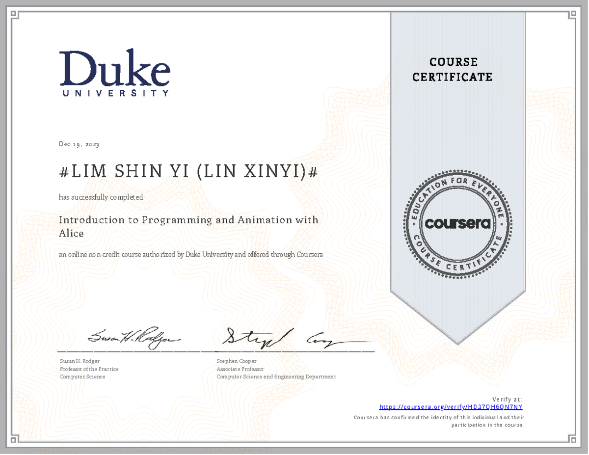 Introduction to programming and animation with alice - D ec 1 9 , 2 02 3 #L IM SH IN YI (L IN ...