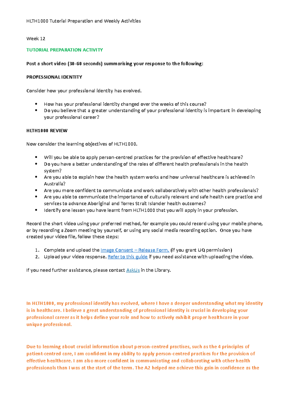 Week 12 tutorial preparation and weekly activities - HLTH1000 Tutorial Preparation and Weekly ...